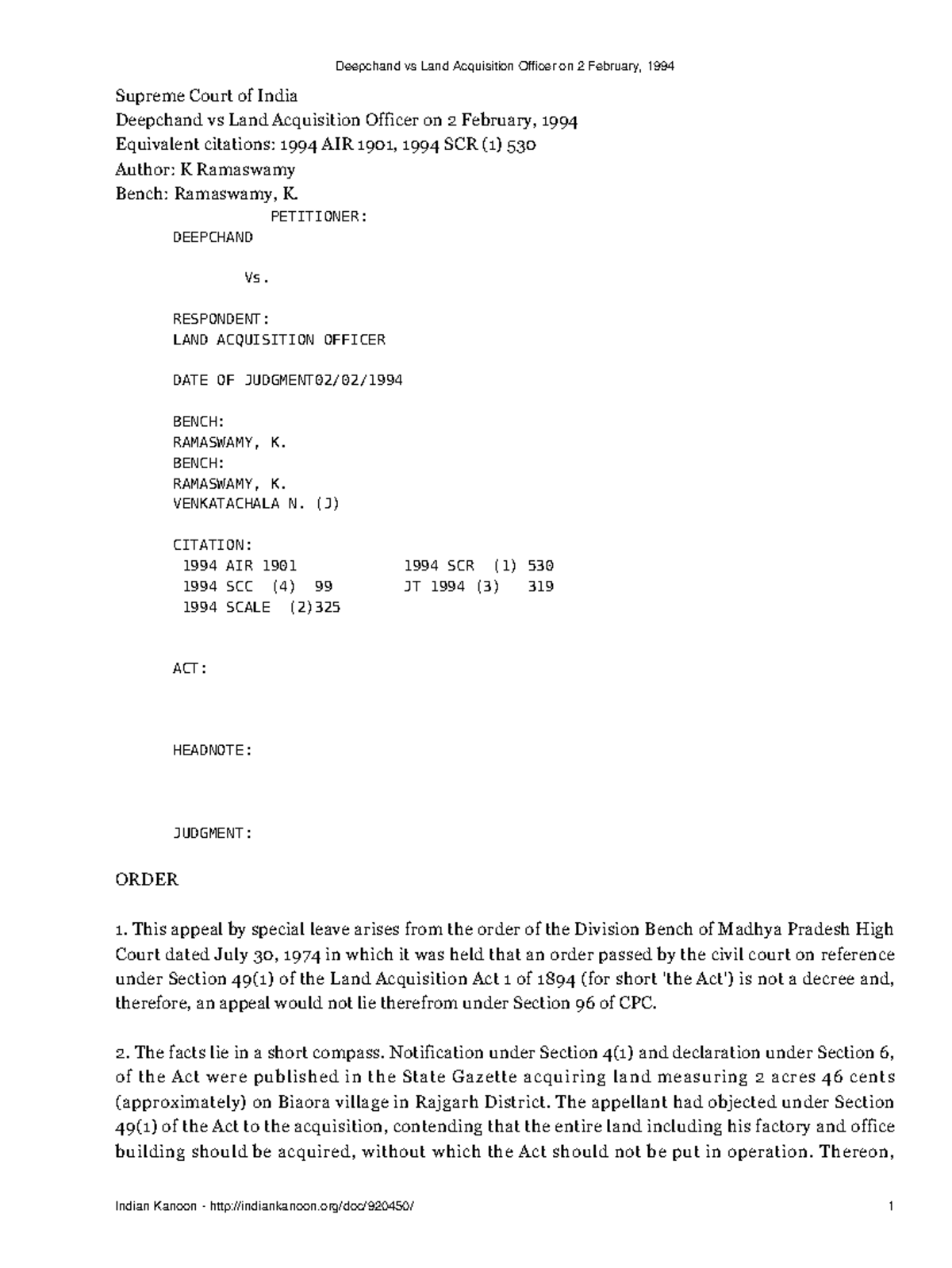 Deepchand vs Land Acquisition Officer on 2 February 1994 - Supreme ...