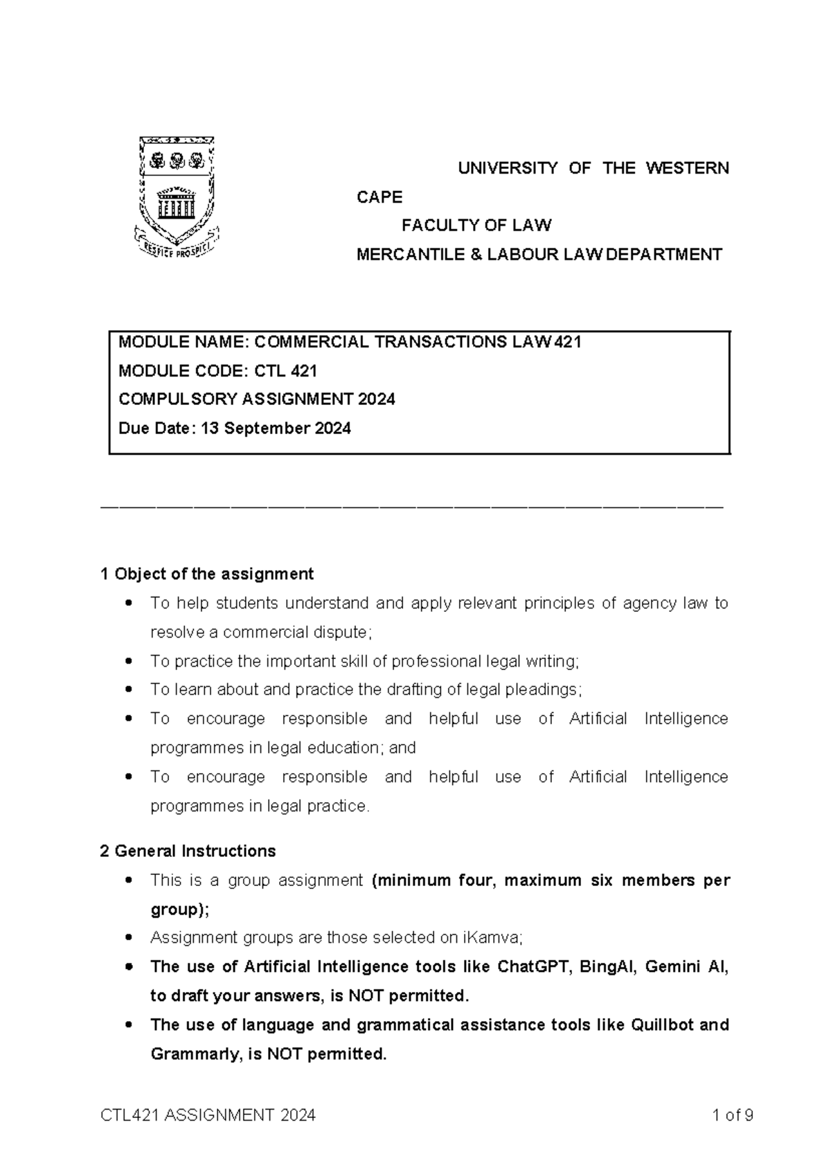 Amended CTL421 Assignment Question 2024 - UNIVERSITY OF THE WESTERN CAPE FACULTY OF LAW ...