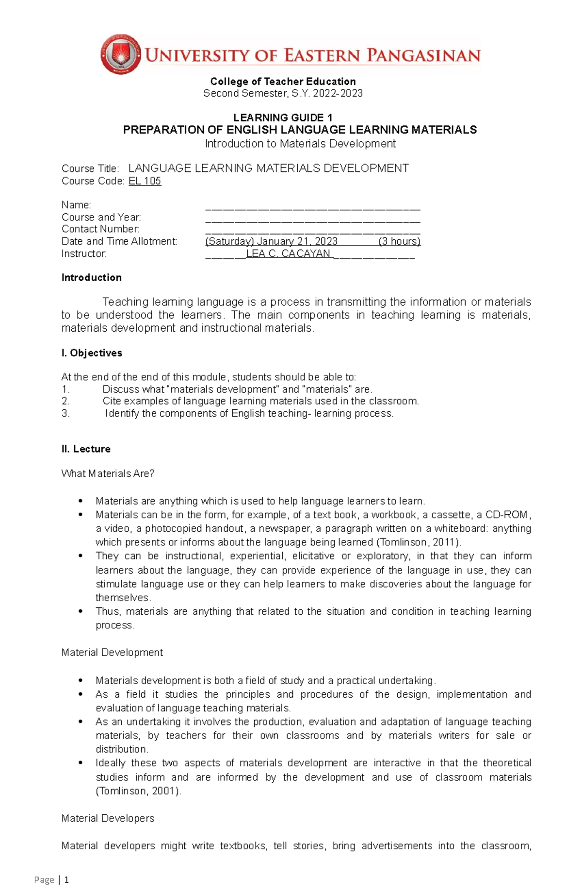 Learning Guide 1 Materials, Materials Development - College of Teacher ...