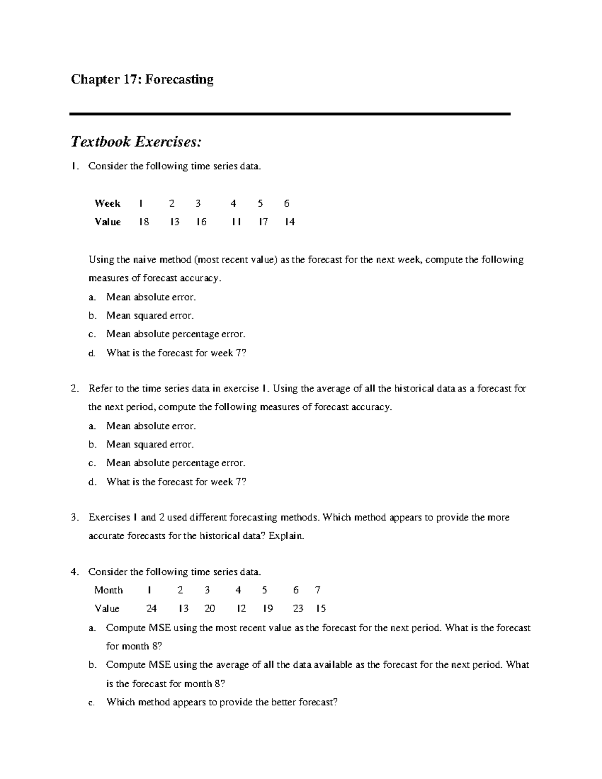 Answers Chapter 17 - Chapter 17: Forecasting Textbook Exercises ...