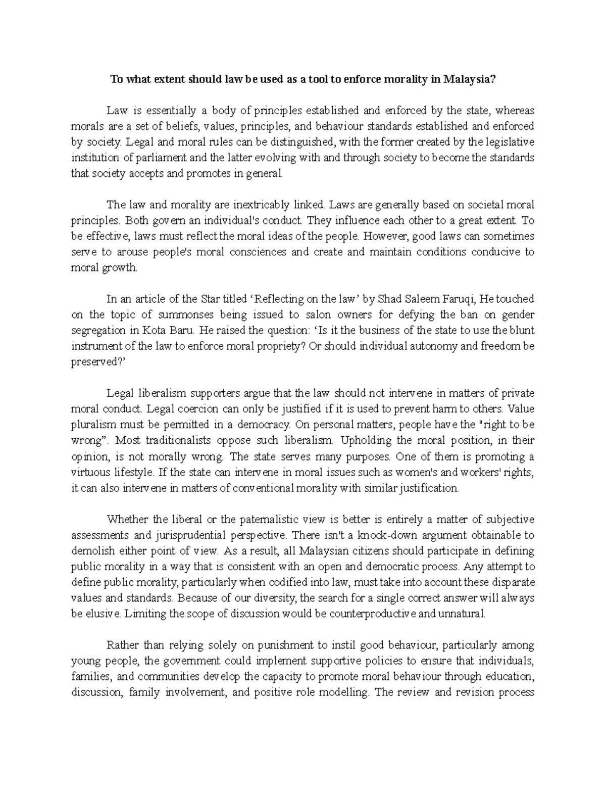 MLS Tuto Script The enforcement of morality in Malaysia - To what ...