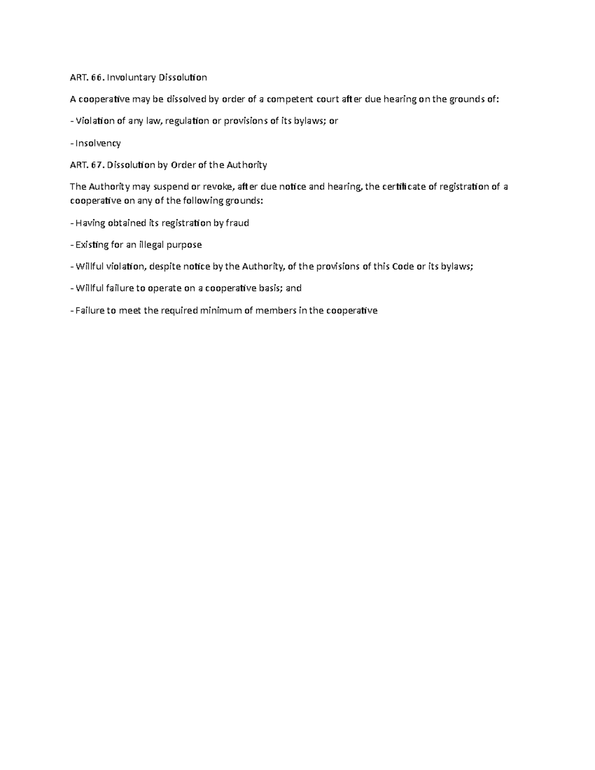 Art 66-67 - Lecture notes 1 - ART. 66. Involuntary Dissolution A ...
