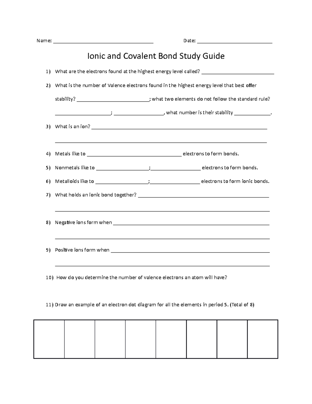 Ionic and covalent bond Studyguide - Name ...