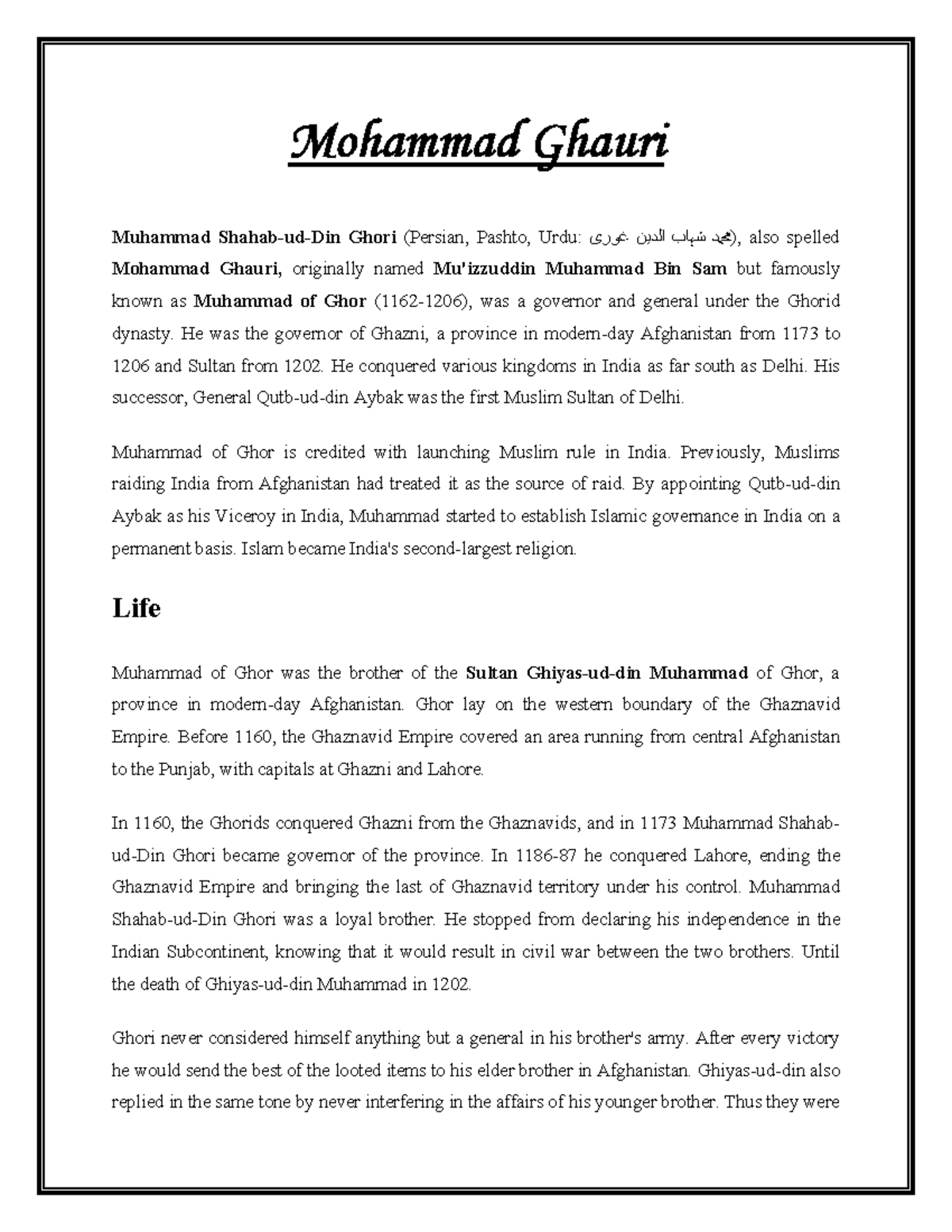 Unit 1 Mohammad Ghauri - Mohammad Ghauri Muhammad Shahab-ud-Din Ghori ...