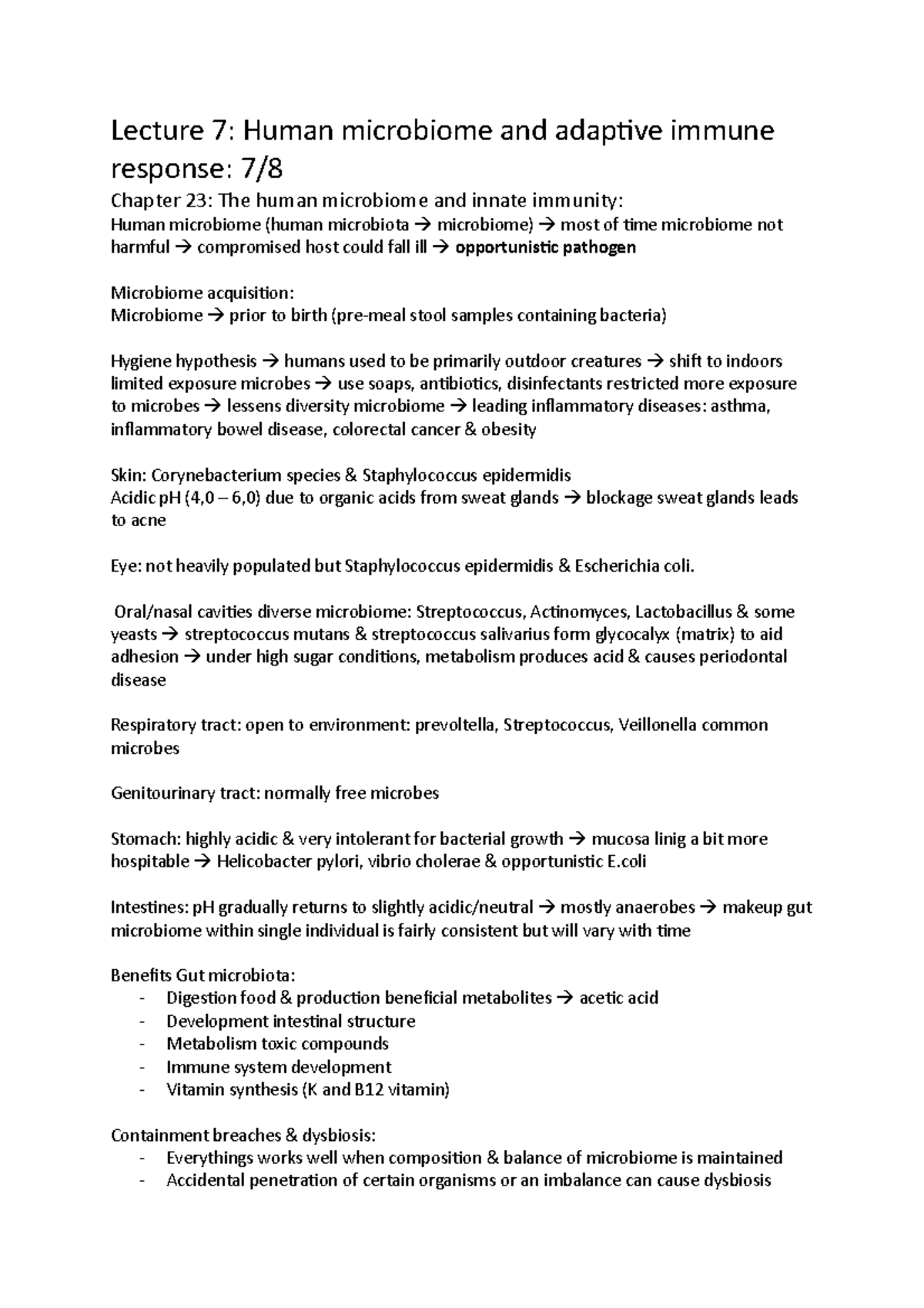 Summary Chapter 23-27 + some exercises - Lecture 7: Human microbiome ...