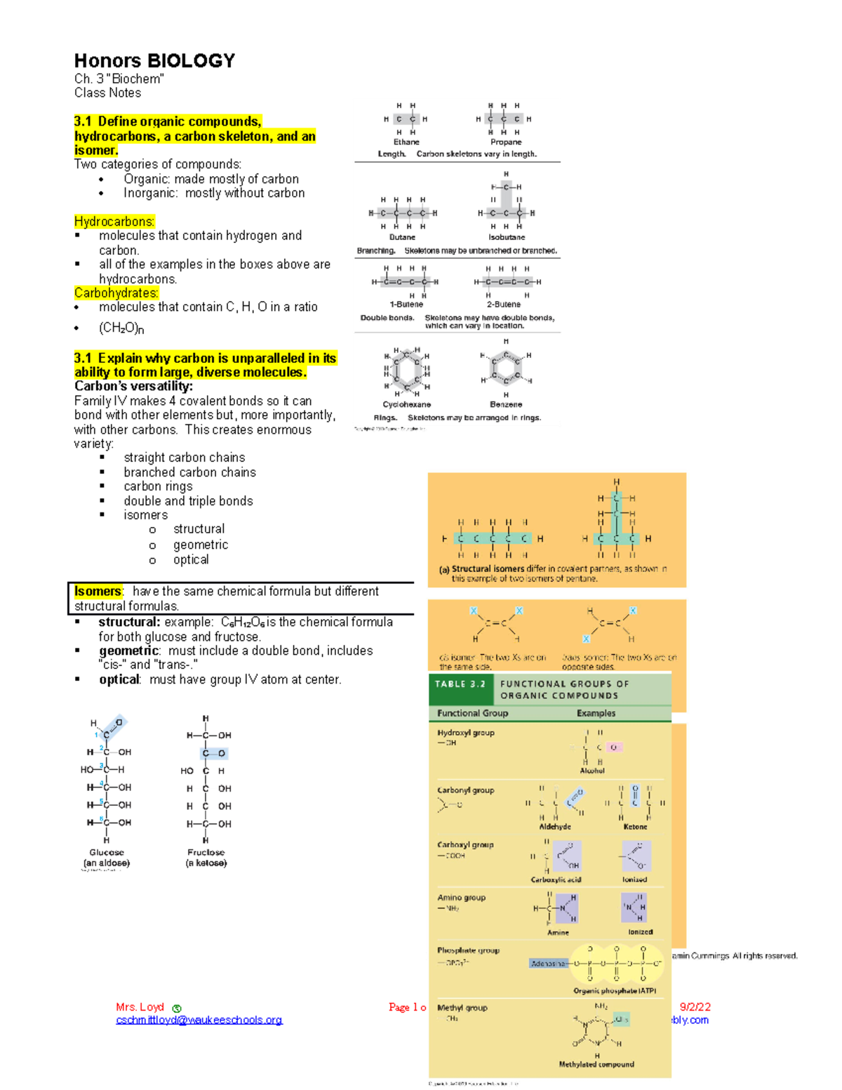 15621019 - Properties of Carbon - Honors BIOLOGY Ch. 3 “Biochem” Class ...