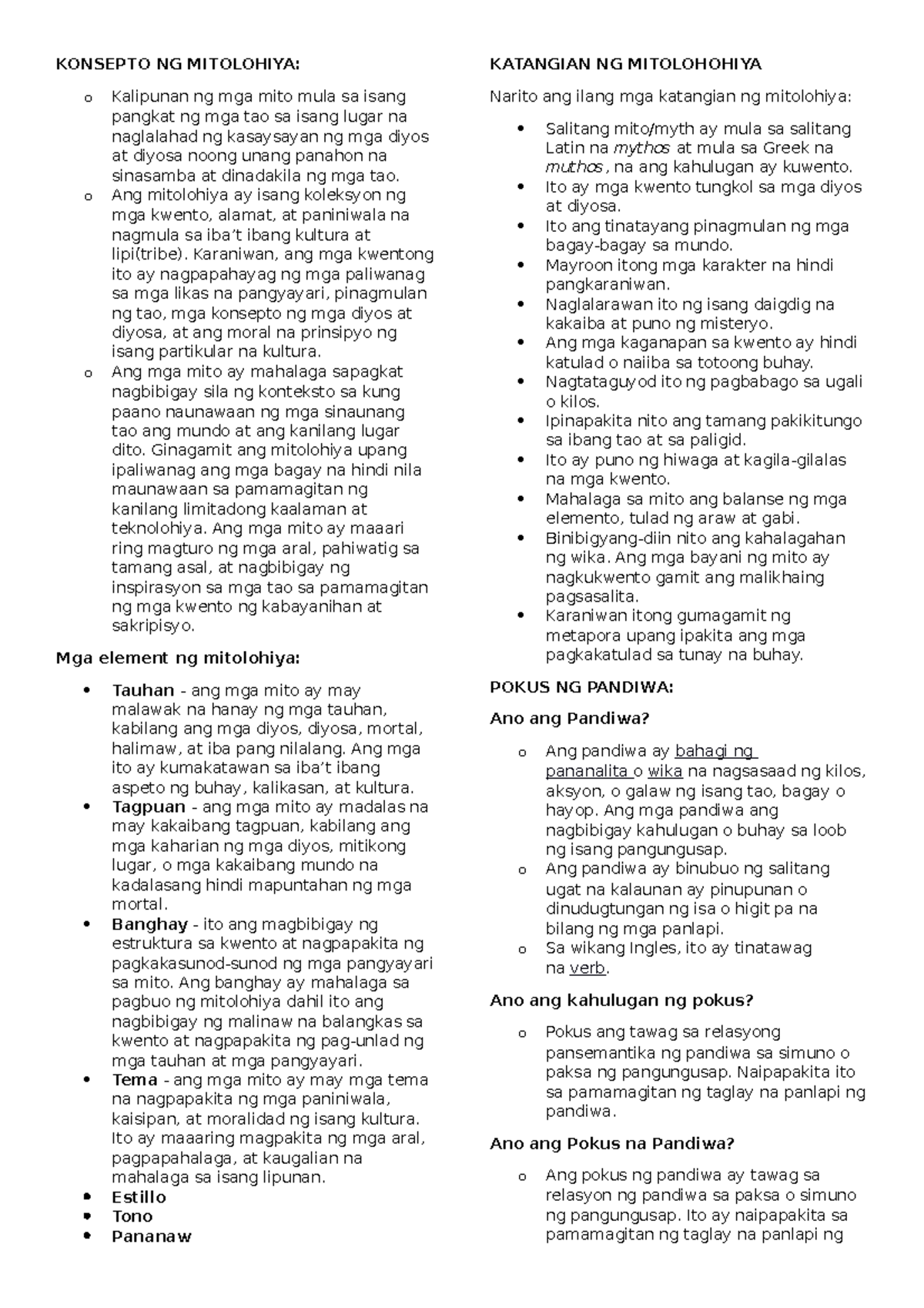 Filipino- Reviewer - KONSEPTO NG MITOLOHIYA: o Kalipunan ng mga mito ...