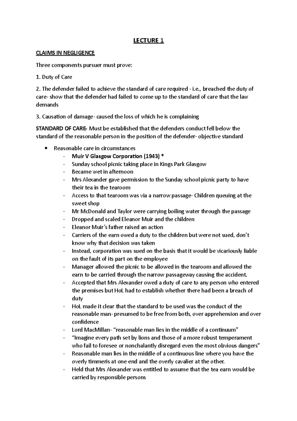 Delict week 10 lectures - LECTURE 1 CLAIMS IN NEGLIGENCE Three ...