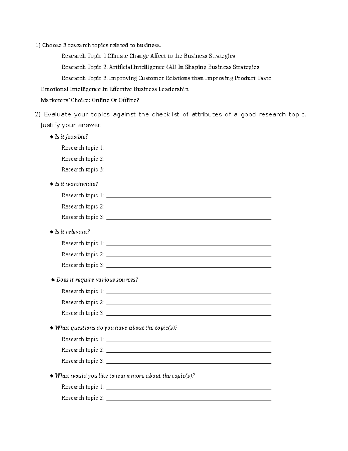 Activity 1 Choosing a research topic - Choose 3 research topics related ...