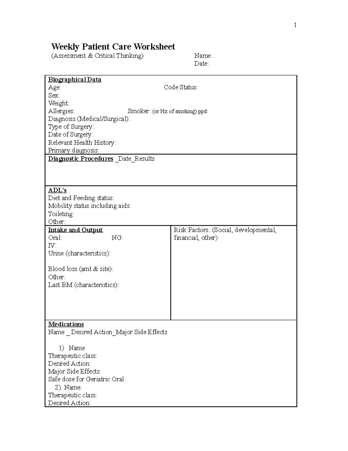 Weekly Patient Care Worksheet - Weekly Patient Care Worksheet ...