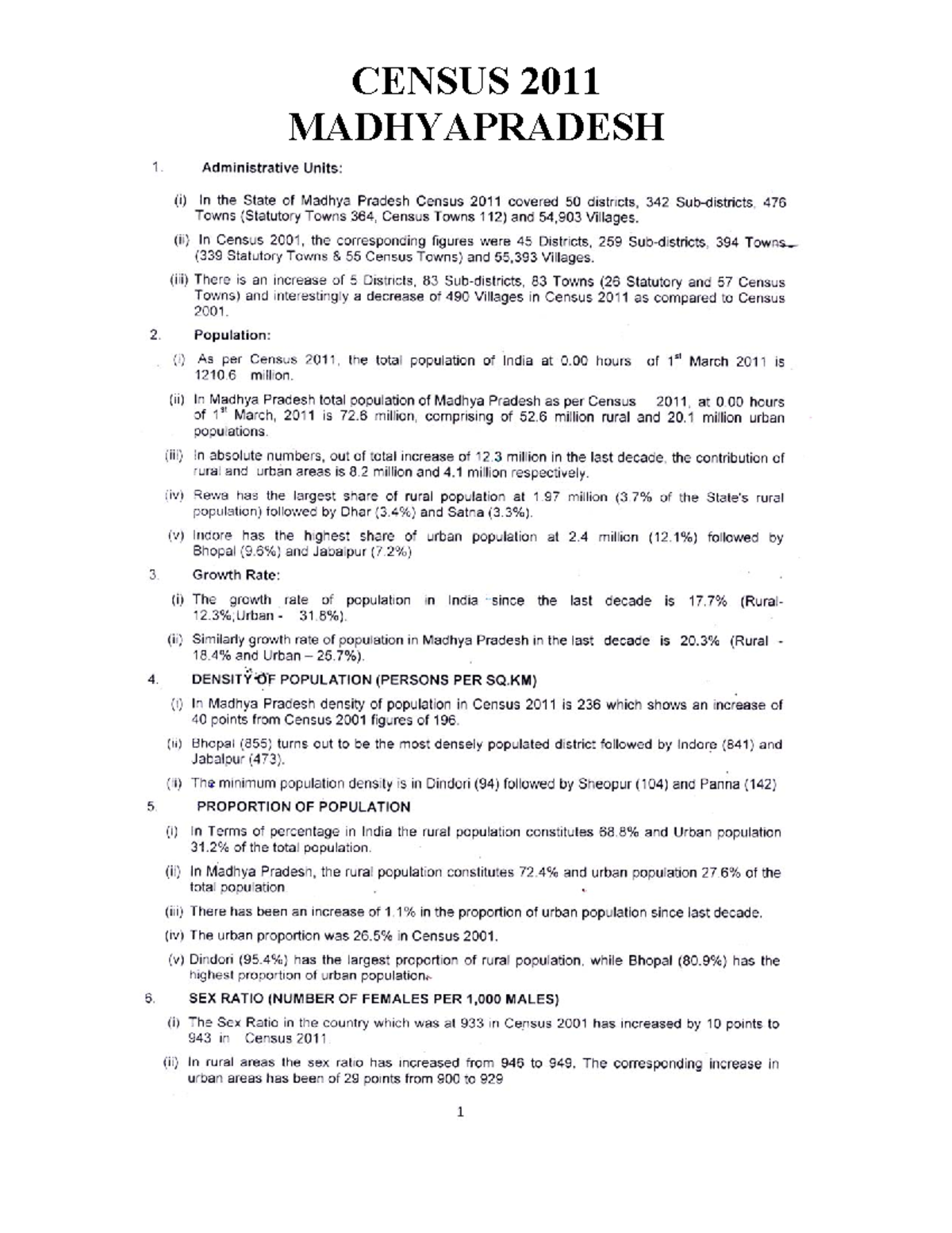 MP census-2011 - CENSUS - CENSUS 2011 MADHYAPRADESH 1. Administrative ...