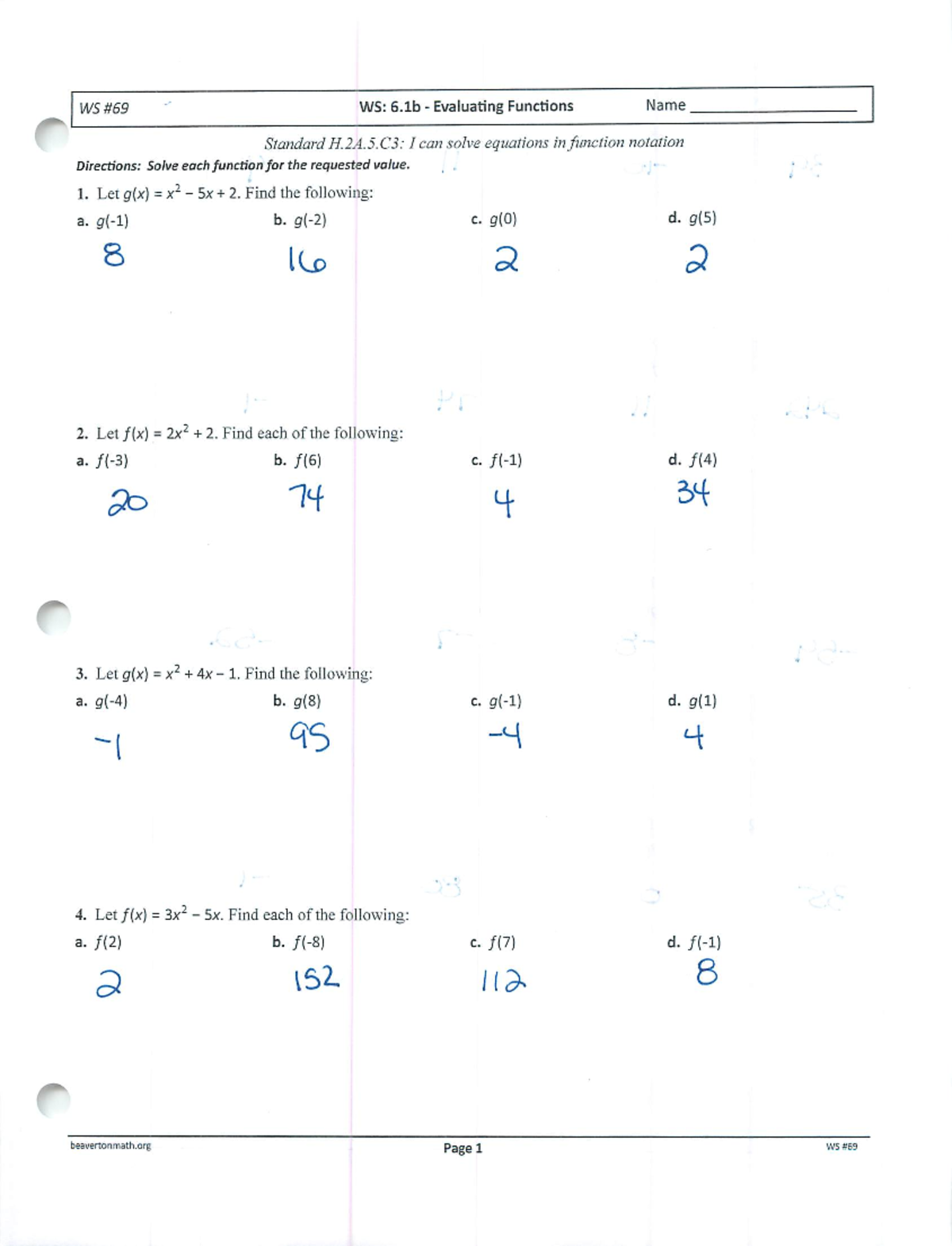 Evaluating Functions Key - Mathematics - Studocu