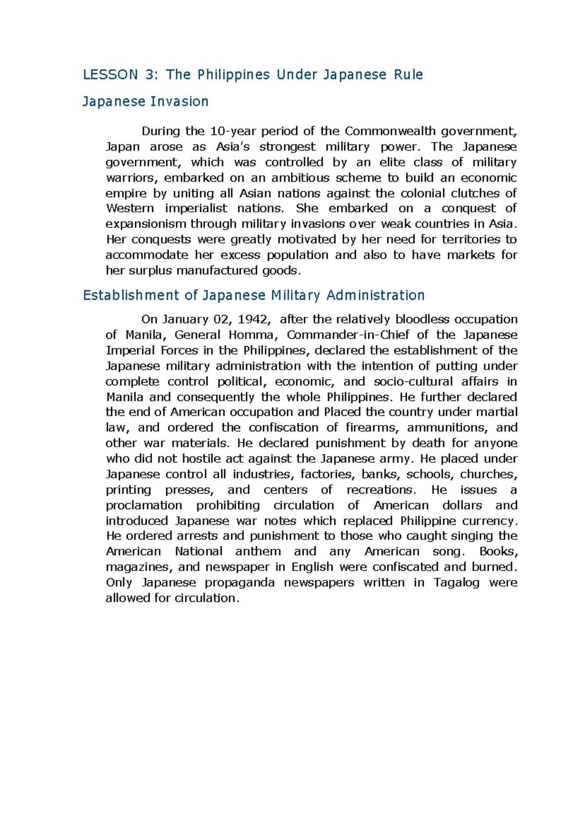 Readings W5 - worksheet - LESSON 3: The Philippines Under Japanese Rule ...