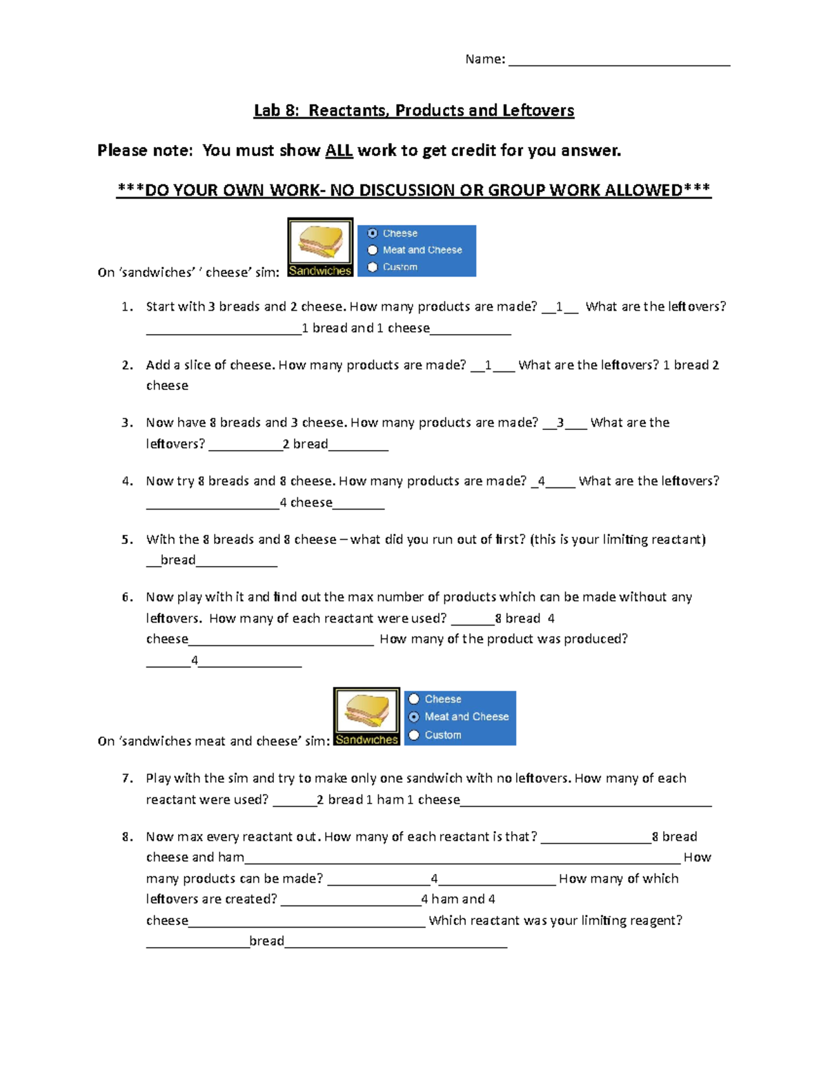 Lab 8 Reactants, Products, and Leftovers Lab Worksheet - Name ...