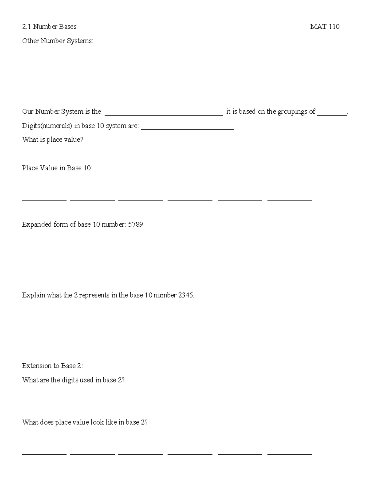 MAT110-Number Bases Notes - 2 Number Bases MAT 110 Other Number Systems ...