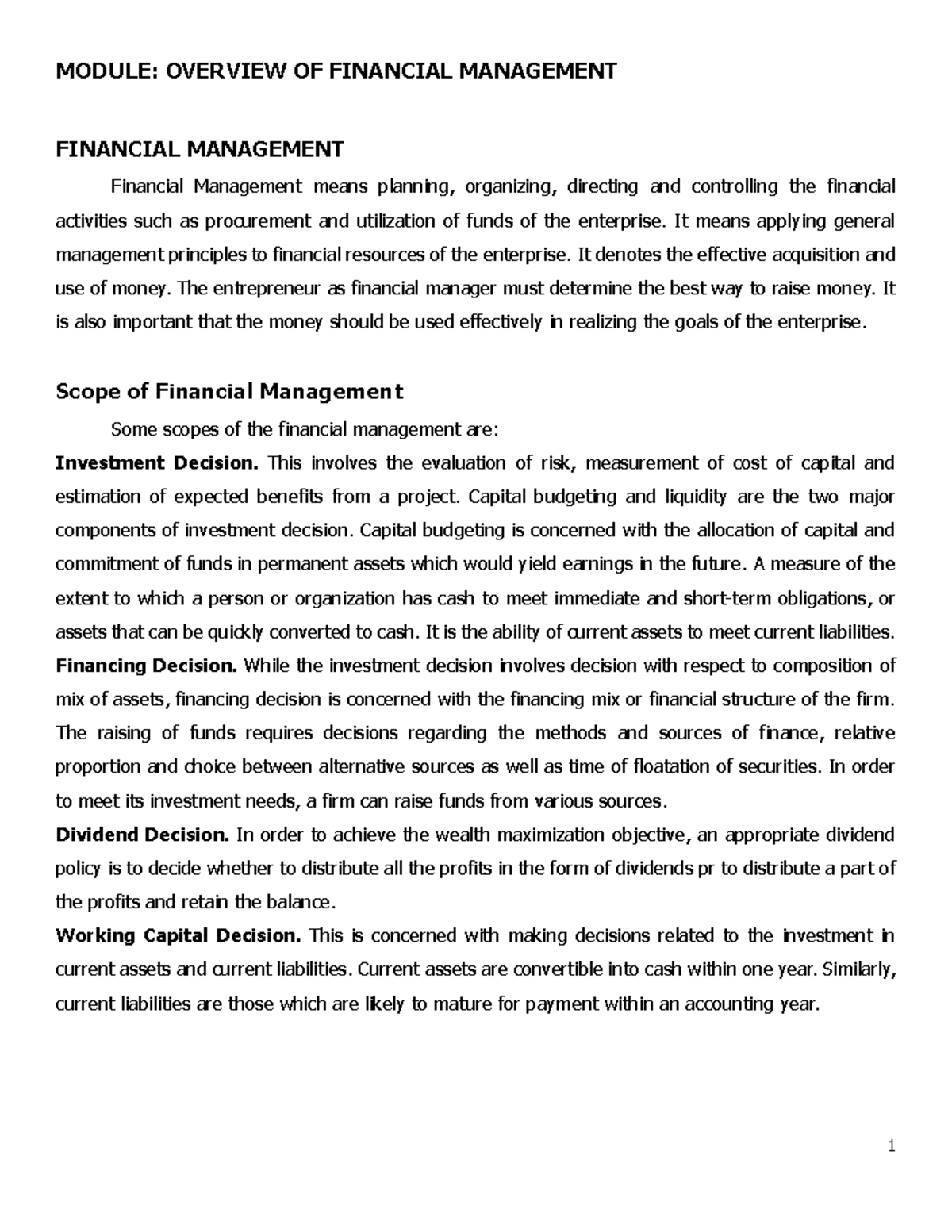 Chapter 1 Overview of Financial Management - MODULE: OVERVIEW OF ...