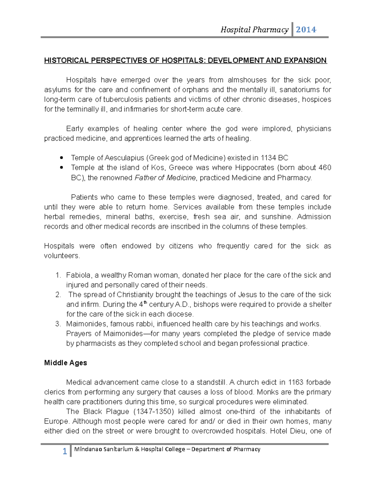 The Hospital Pharmacy and Management - HISTORICAL PERSPECTIVES OF ...