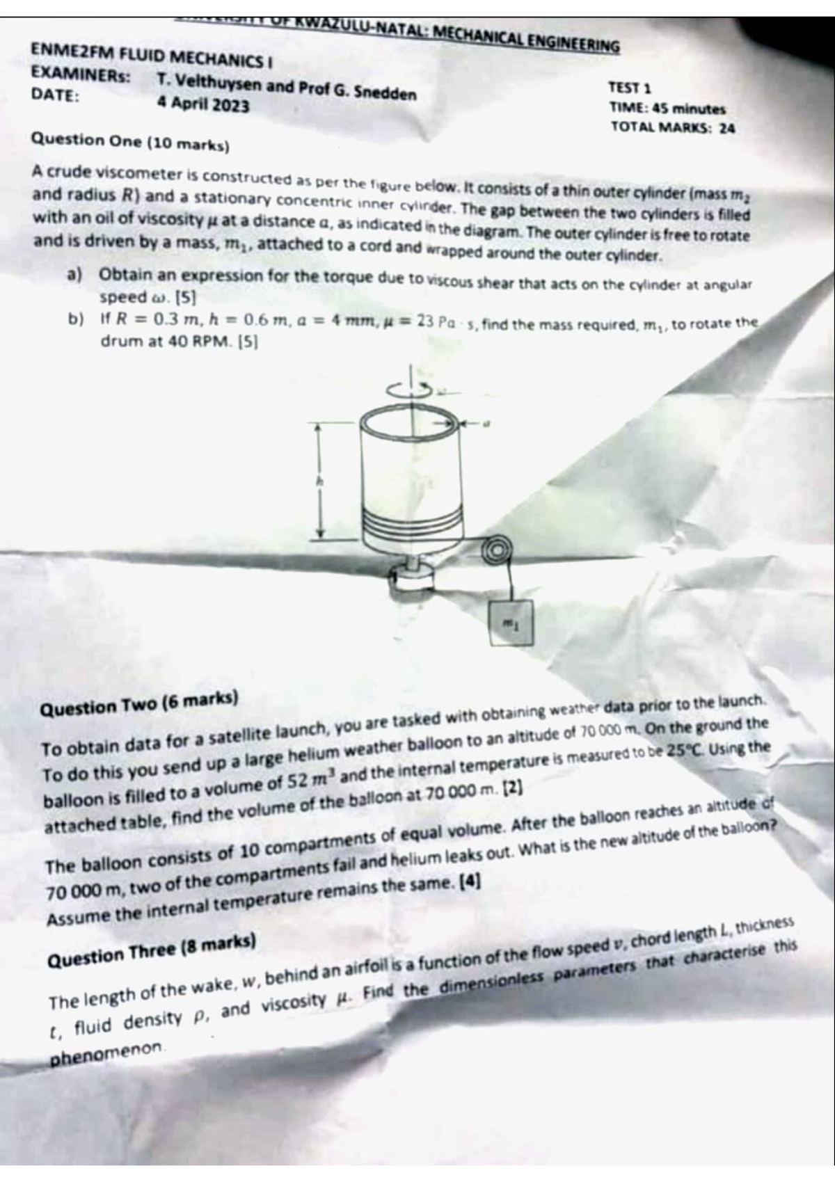 Test 1 2023 Fluid Mech - practice - MECHANICAL ENGINEERING ENME2FM ...