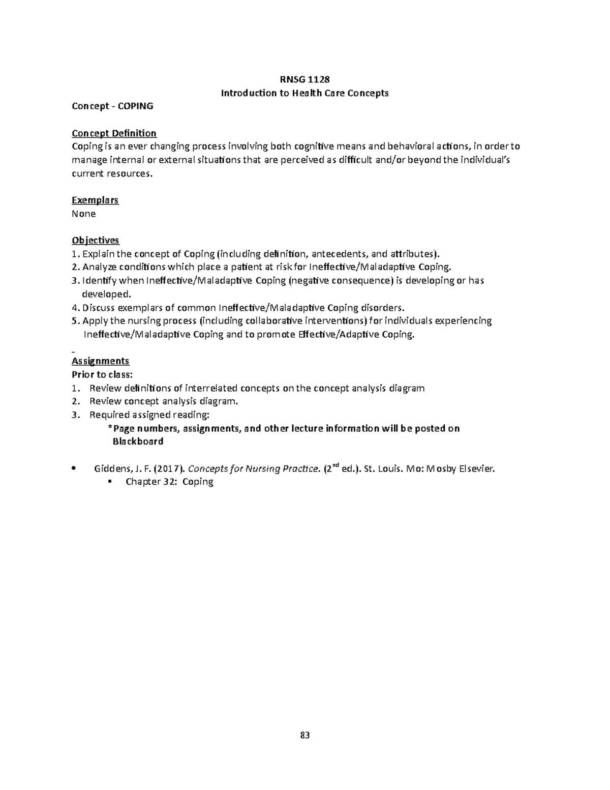 Coping 1128 2016 - Syllabus - RNSG 1128 Introduction to Health Care ...