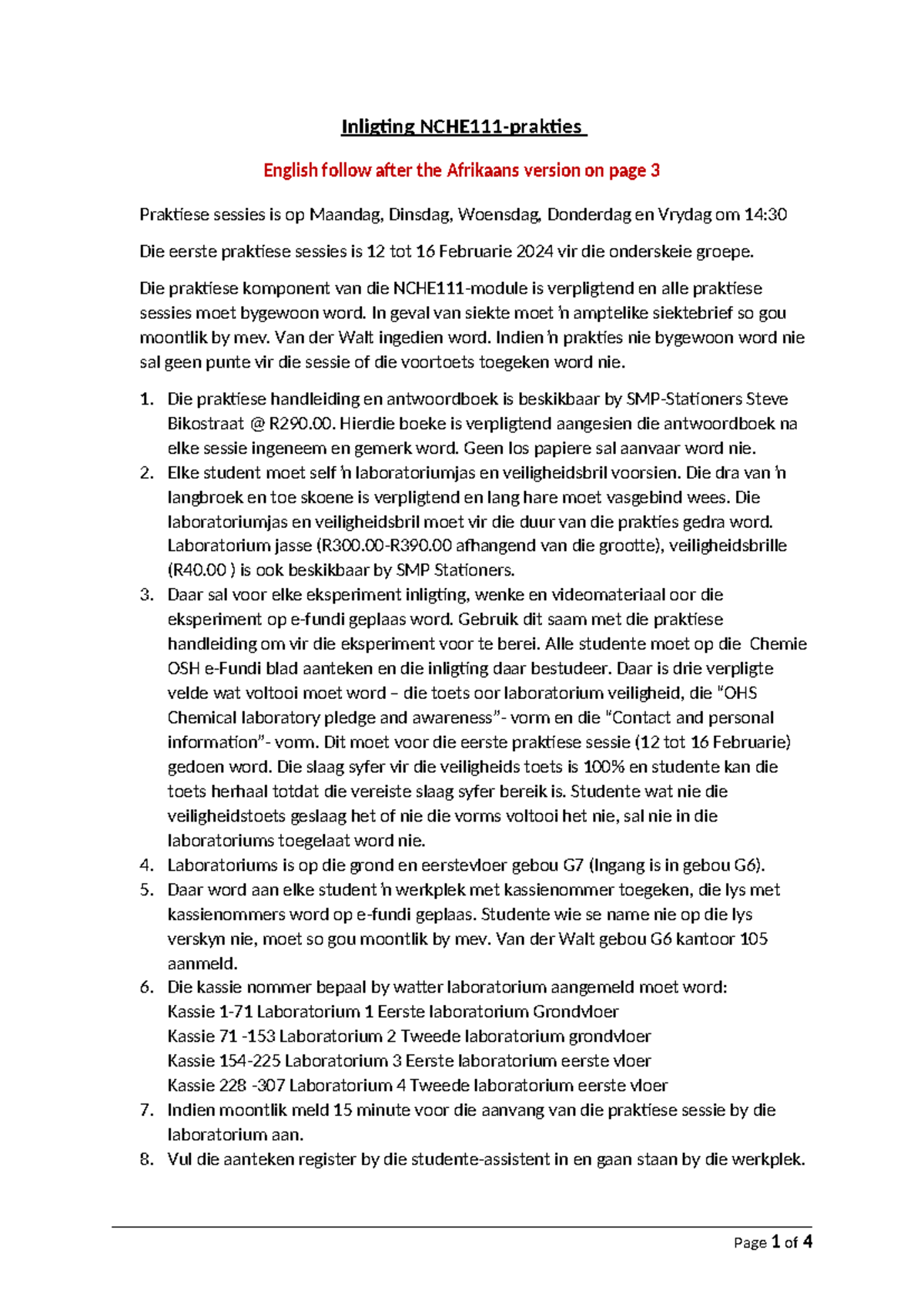 Prakties info - Inligting NCHE111-prakties English follow after the ...