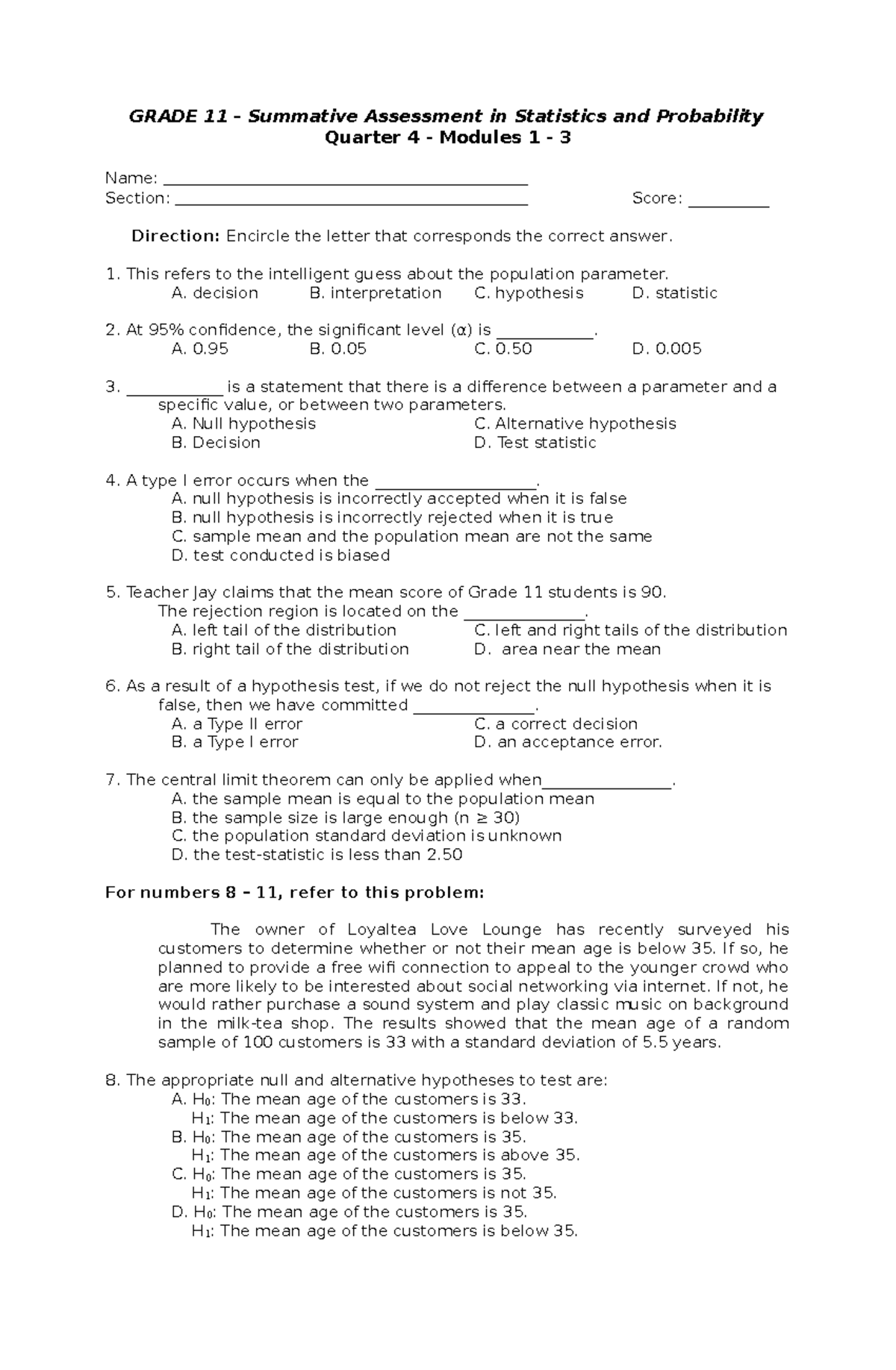 Statistics and Prob 11 Q4 Summa 1,2,3 - Education - Studocu