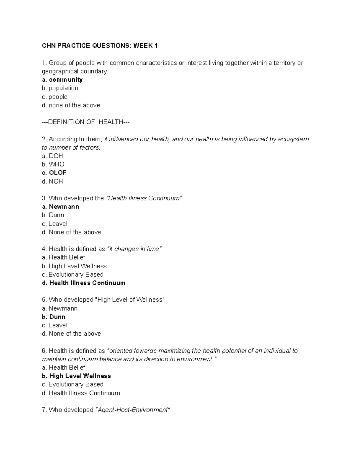 CHN Prelims Practice - CHN PRACTICE QUESTIONS: WEEK 1 Group of people with common ...