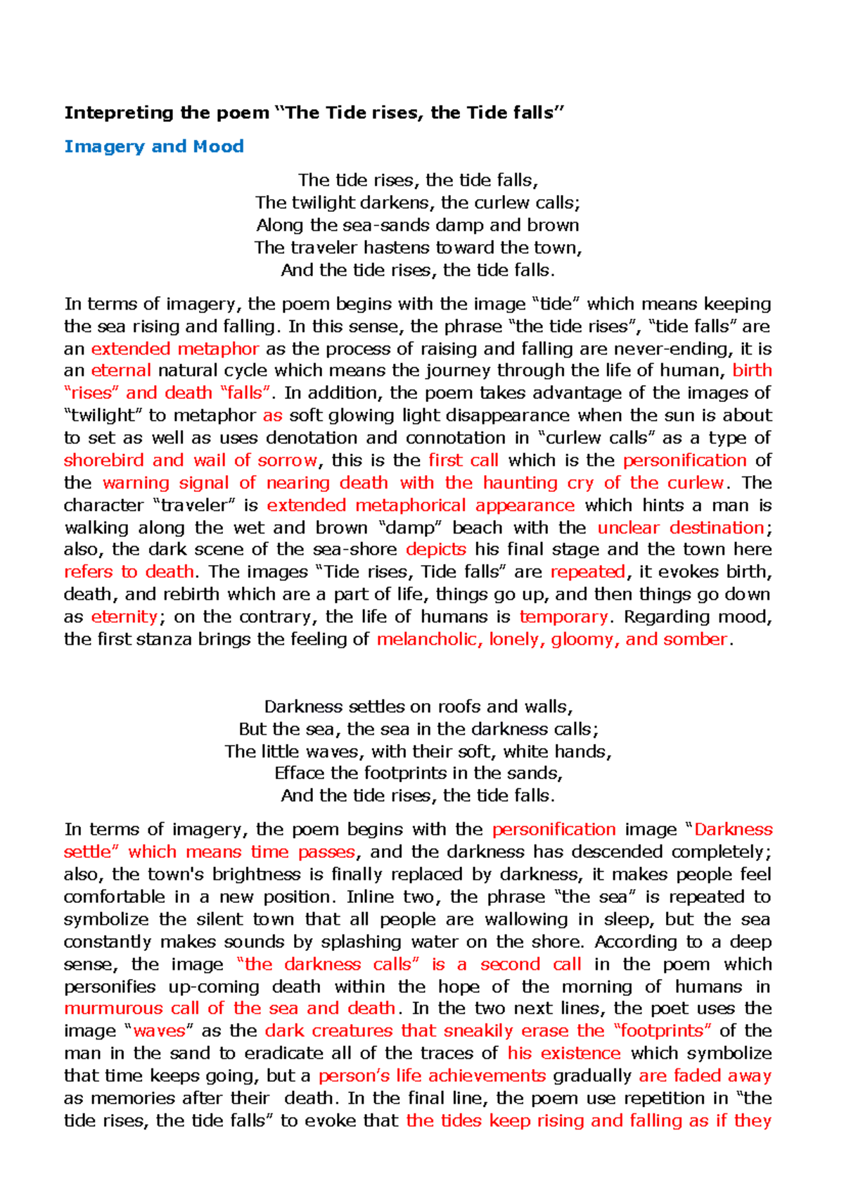 Interpreting The Tide Rises the Tide Falls - Intepreting the poem “The ...