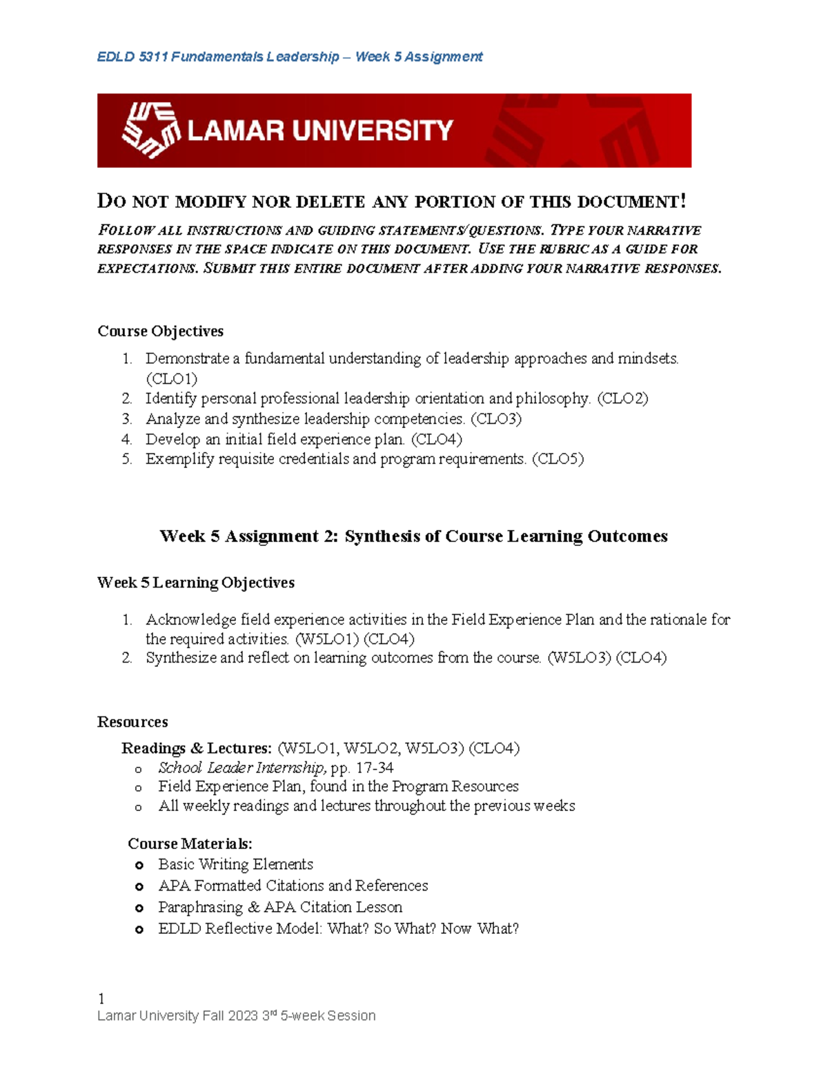 5311 Week 5 Assignment-Synthesis of Course Learning Outcomes - EDLD ...