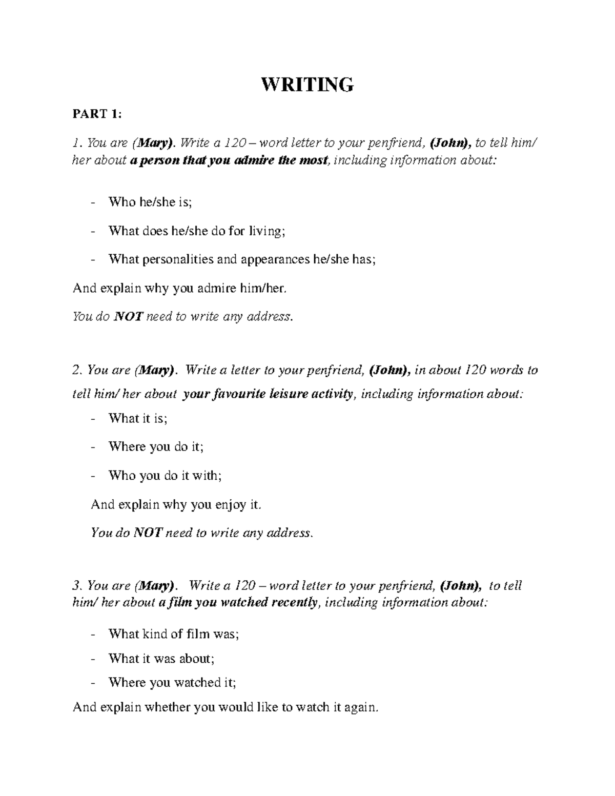 TLGD B1-Đ2-2023- Writing - WRITING PART 1: You are (Mary). Write a 120 ...