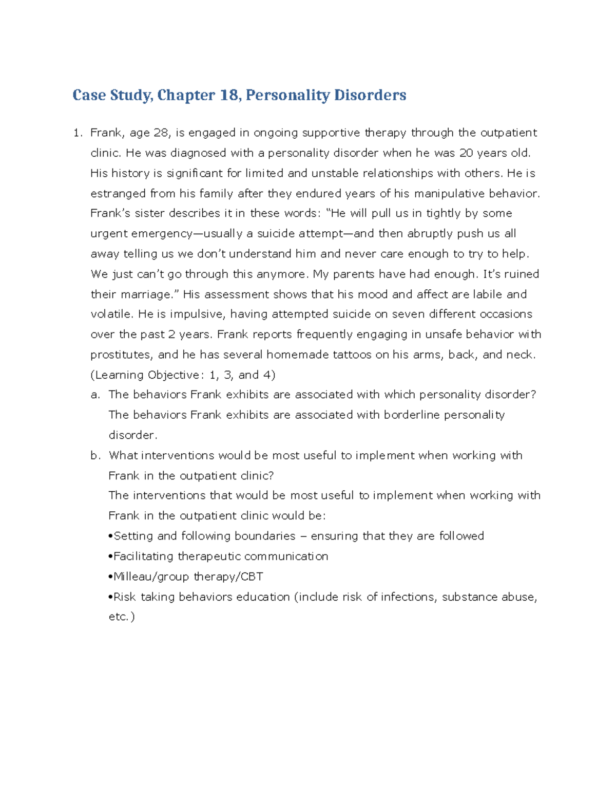 PD Case Study - Case Study, Chapter 18, Personality Disorders Frank ...
