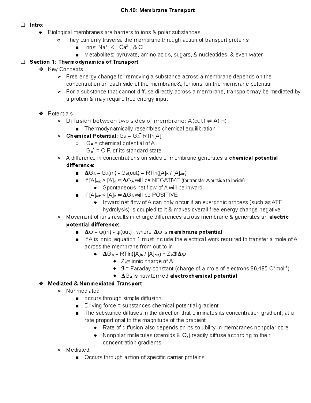 Biochemistry I - Ch.10 Membrane Transport notes - Ch: Membrane ...