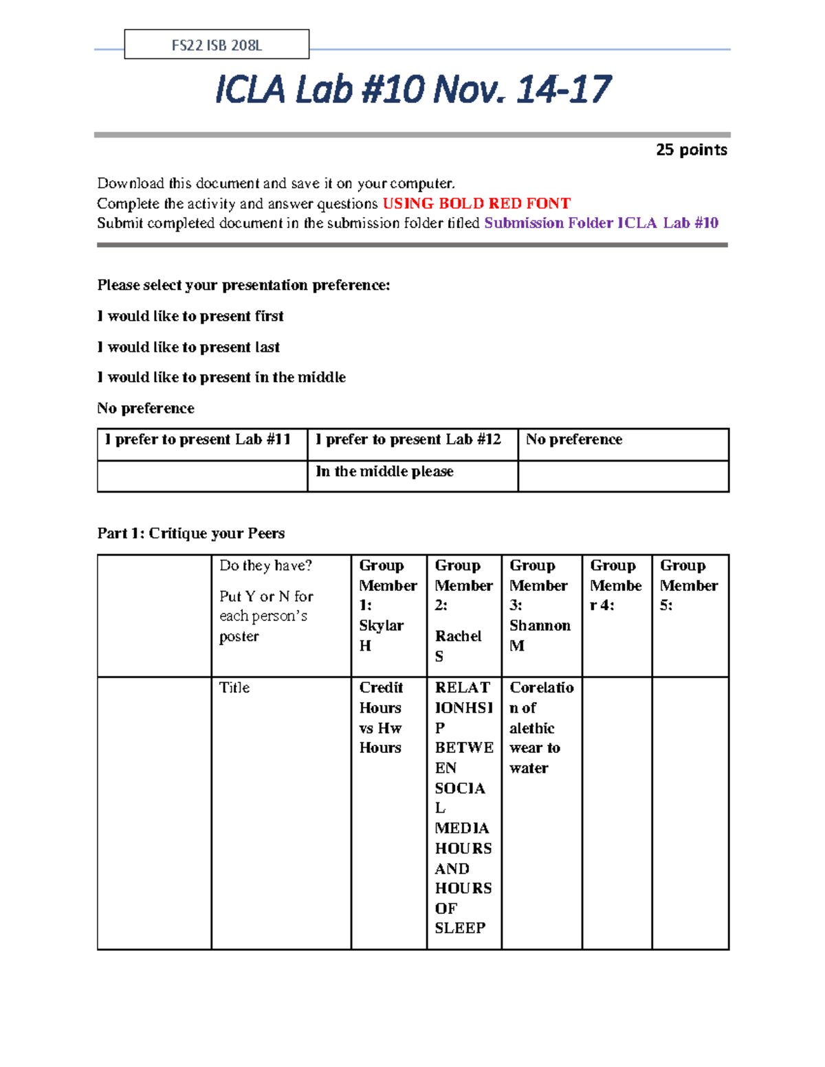 ICLA Lab #10 - Lab - ICLA Lab #10 Nov. 14- 17 25 points Download this ...