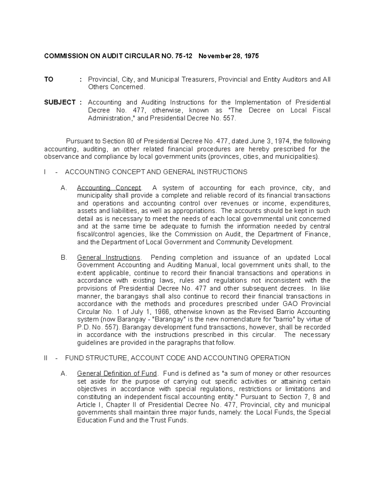 C75-12 - Accounting and Auditing Instructions for the Implementation of Presidential Decree No ...