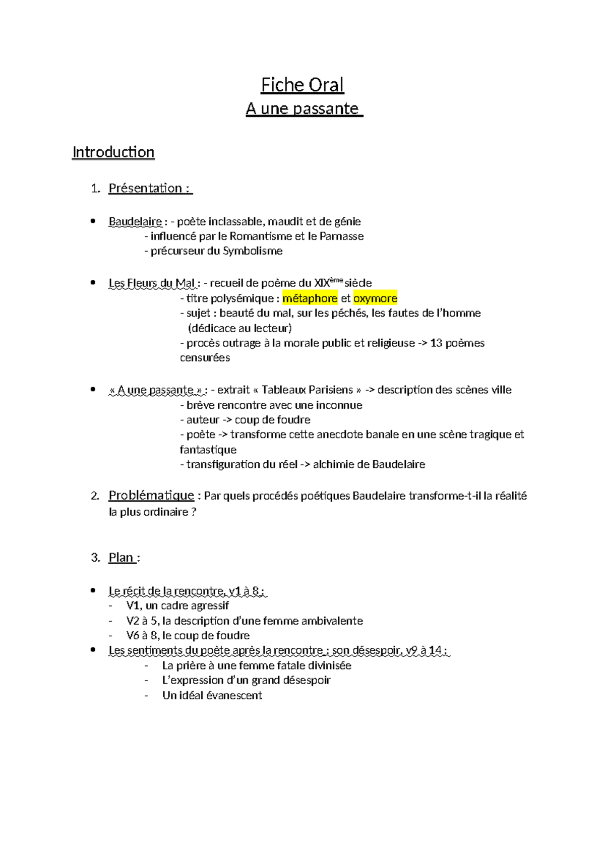Fiche de révision- Oral Francais - Fiche Oral A une passante ...