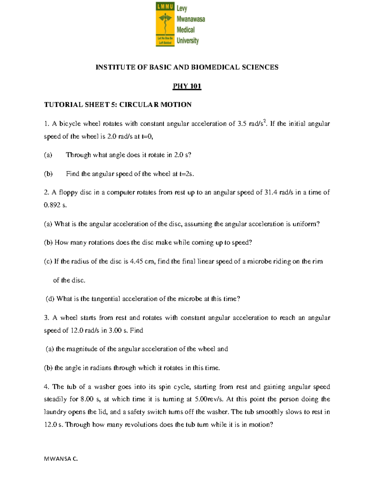 Tutorial Sheet 5 Circular Motion Warning Tt Undefined Function 32 Mwansa C Institute Of