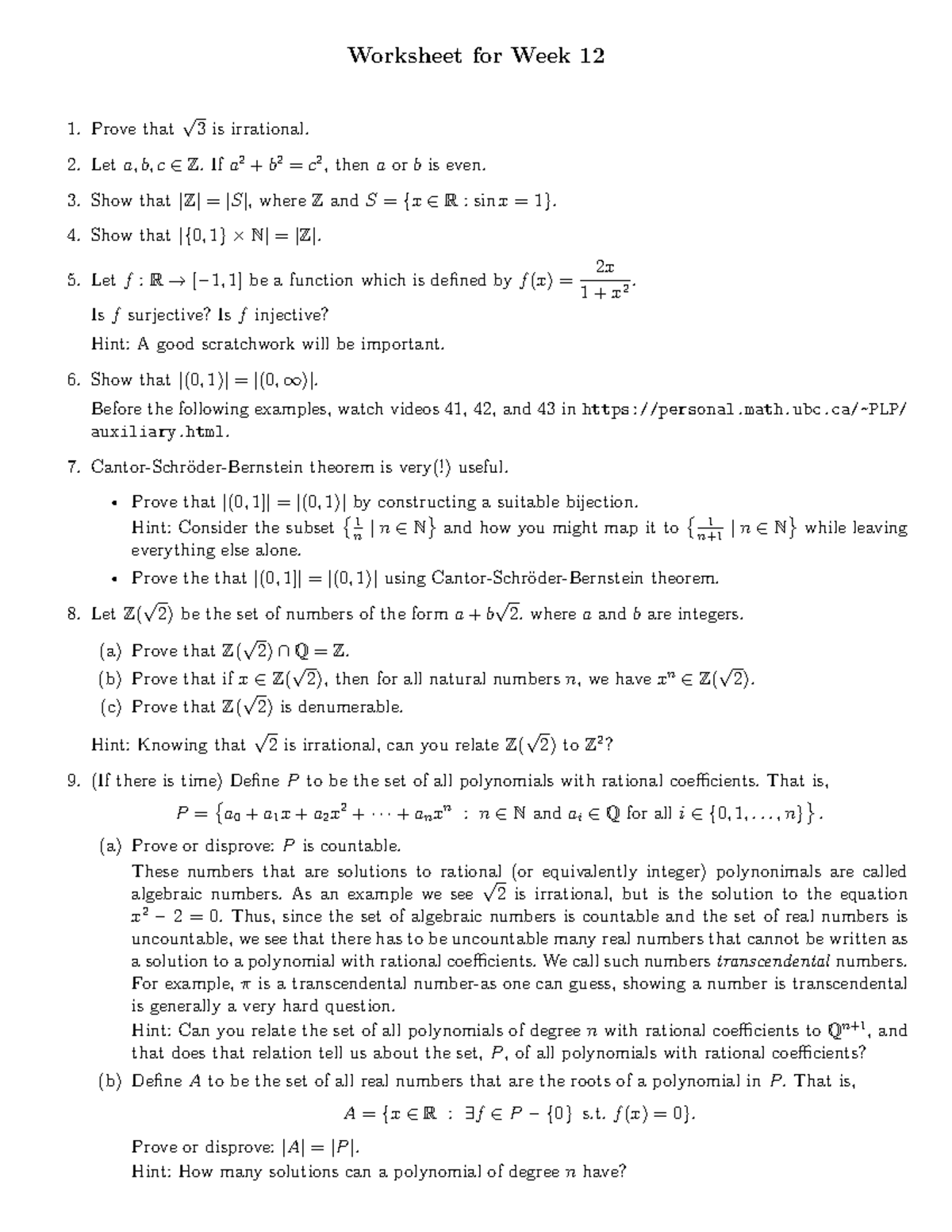Worksheet week 12 - notes - Worksheet for Week 12 Prove that √ 3 is ...