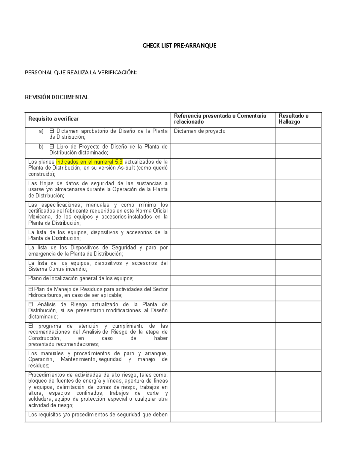 Checklist PRE - Check list NOM 018 ASEA 2023 - CHECK LIST PRE-ARRANQUE ...