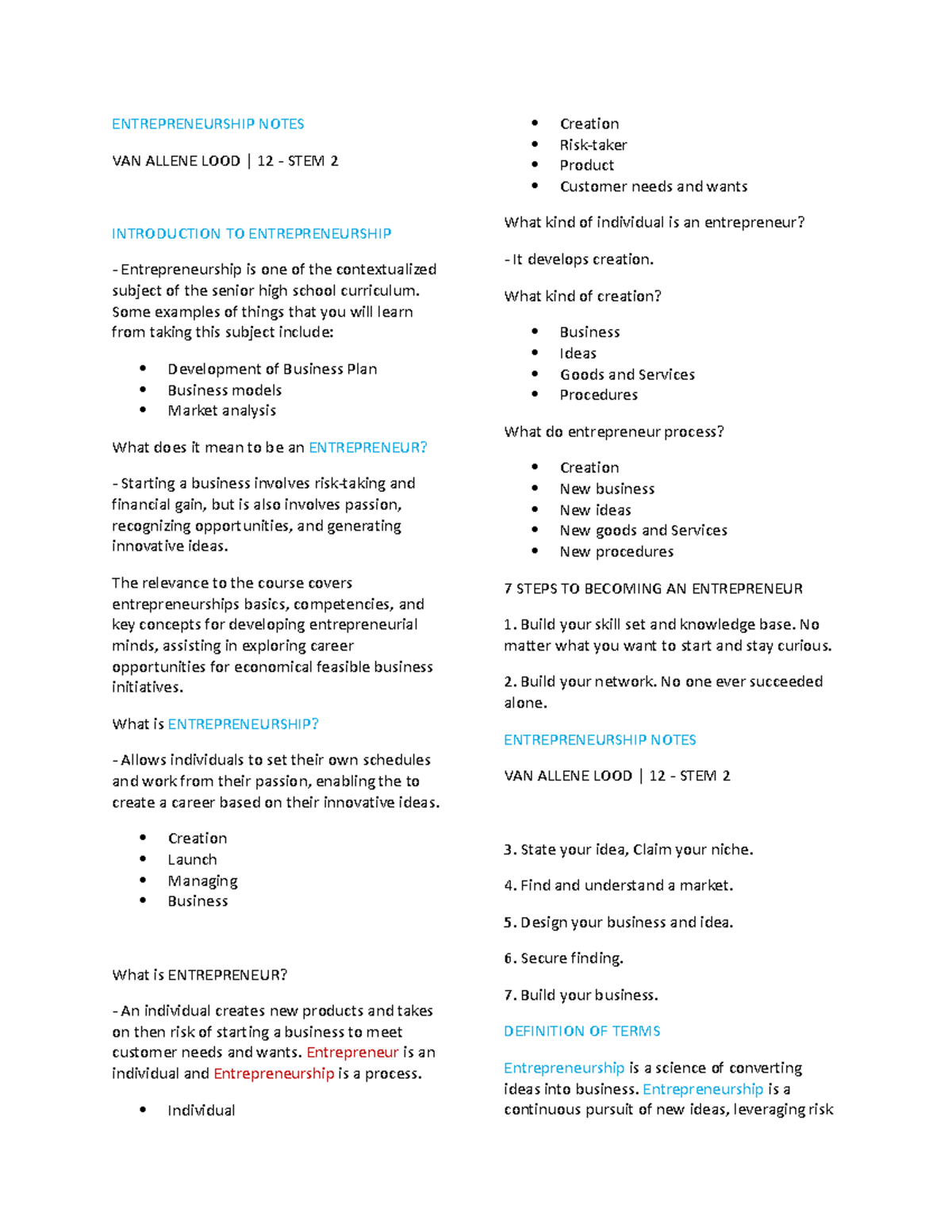 Entrep Notes - ENTREPRENEURSHIP NOTES VAN ALLENE LOOD | 12 - STEM 2 ...