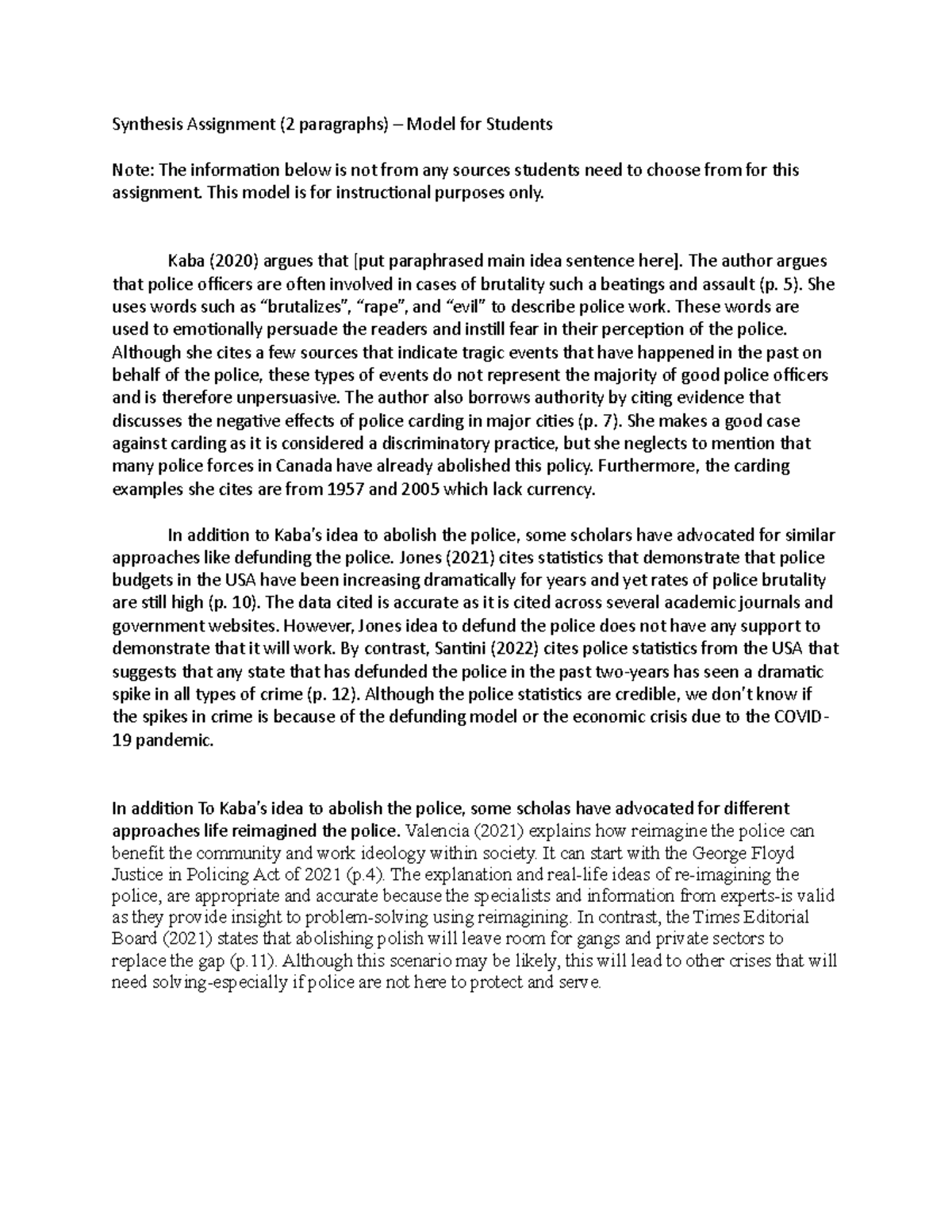 Synthesis Assignment Model - Synthesis Assignment (2 paragraphs ...