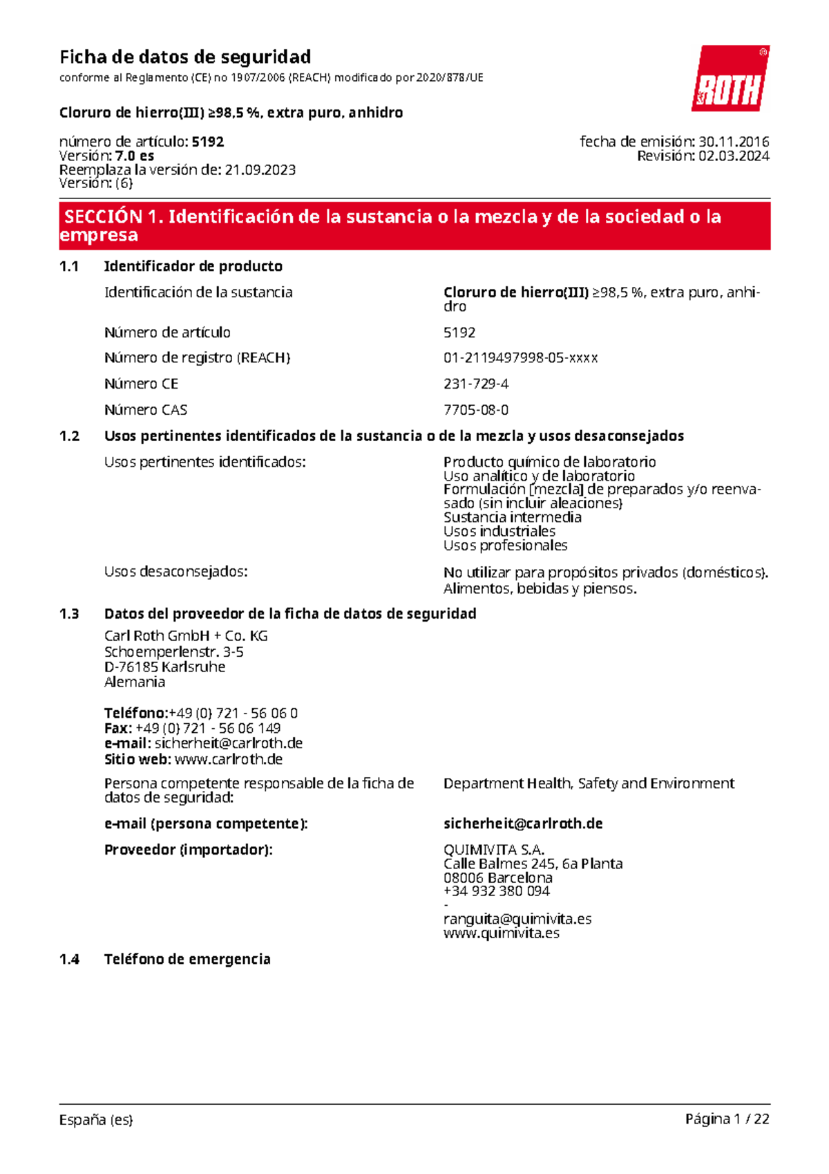 Hojas de seguridad - SECCIÓN 1. Identificación de la sustancia o la ...