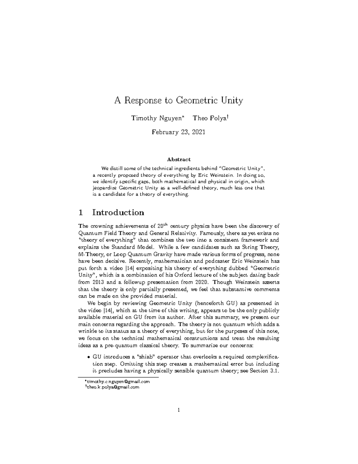 Geometric Unity Lecture Notes 1 5 A Response To Geometric Unity Timothy Nguyen∗ Theo Polya