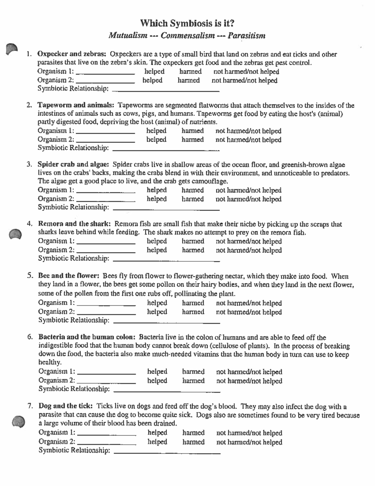 Symbiosis Examples - worksheet - Which Symbiosis is it? Mutualism ...
