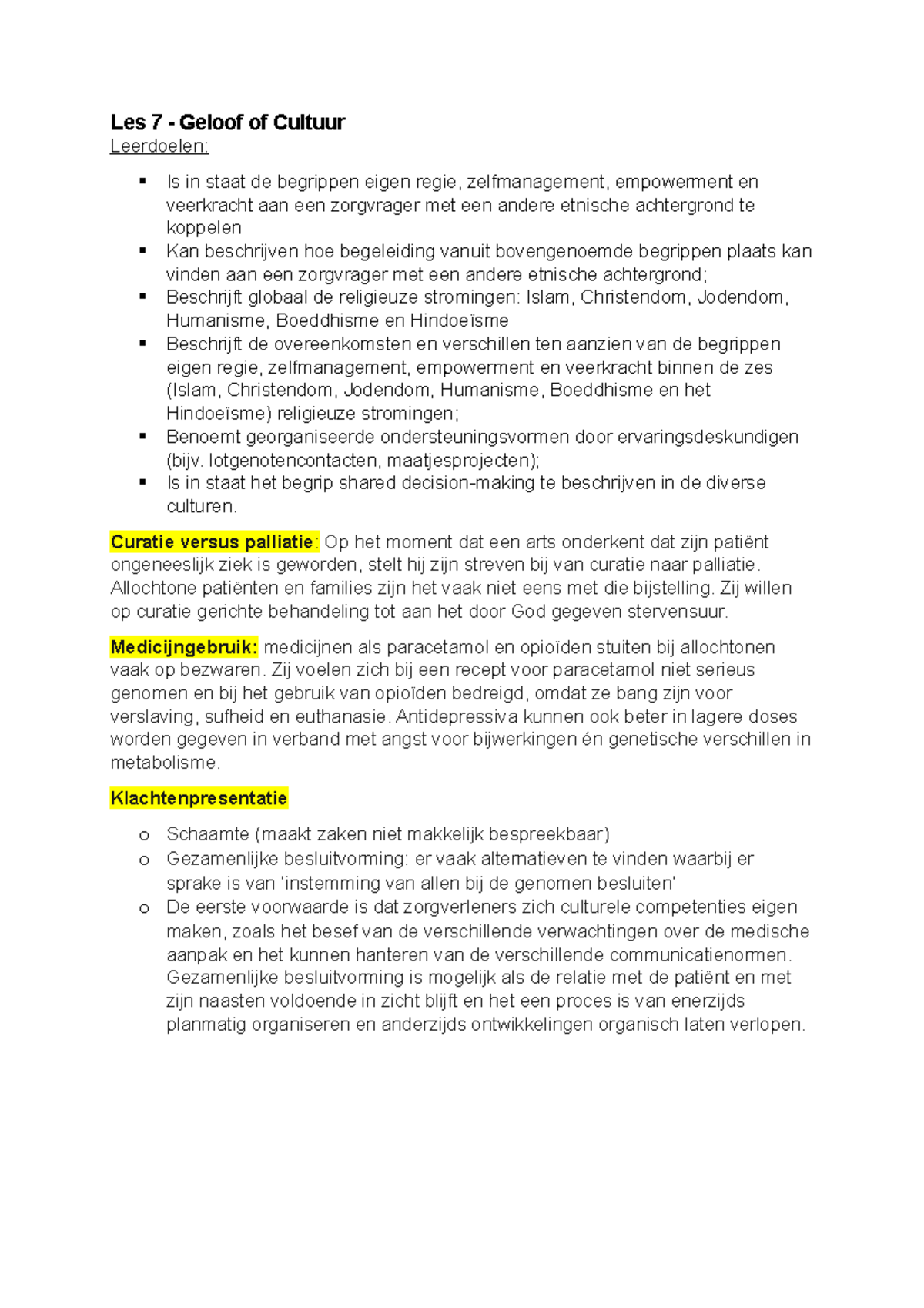 Kern les 7 - Les 7 - Geloof of Cultuur Leerdoelen: Is in staat de ...