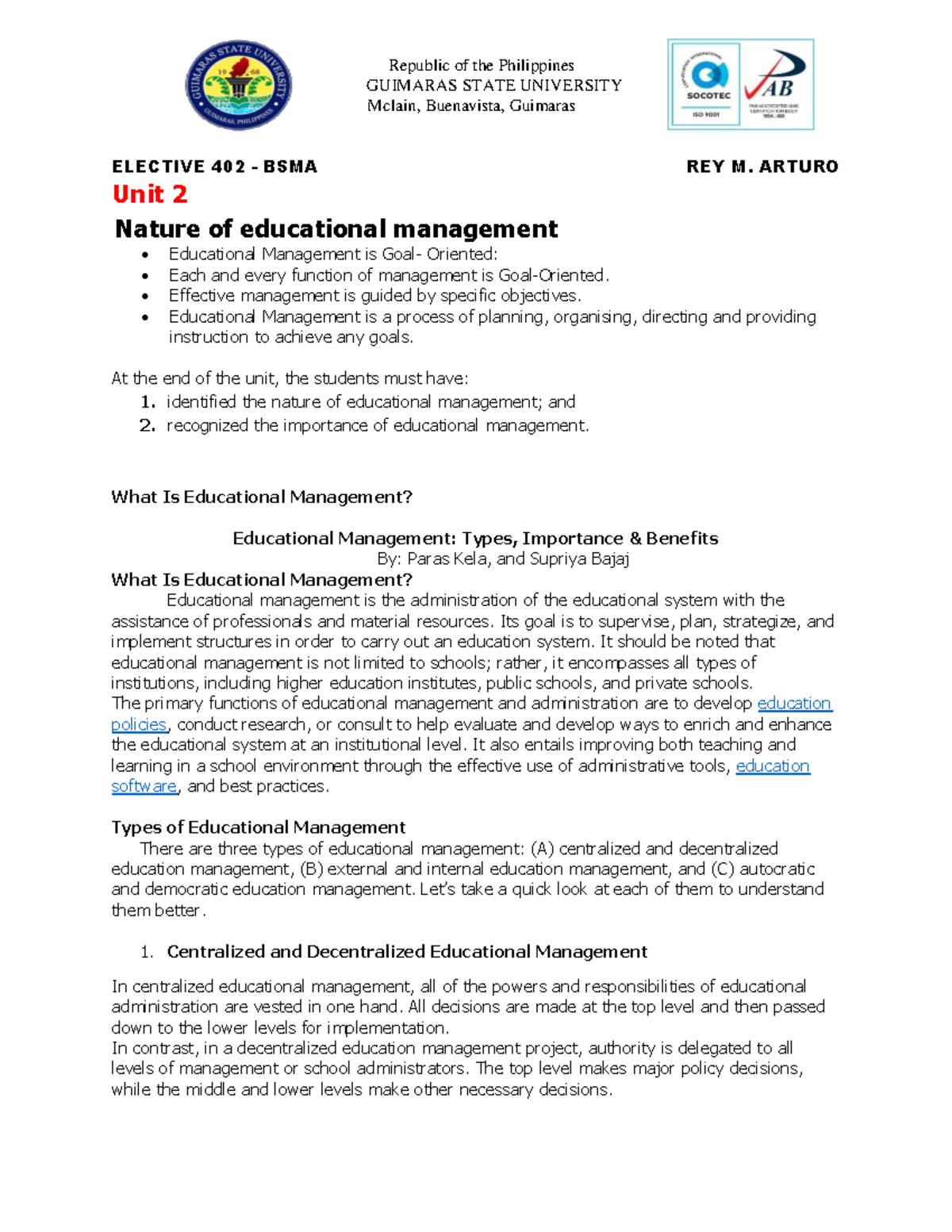 UNIT-2-BSMA - Read carefully - GUIMARAS STATE UNIVERSITY Mclain ...