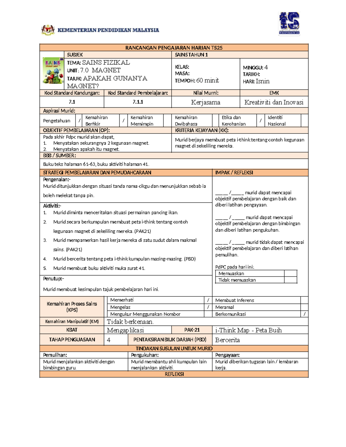 SNS T1 TS25 (Unit 7) - SNS T1 TS25 (Unit 7) - RANCANGAN PENGAJARAN HARIAN TS SUBJEK SAINS TAHUN ...