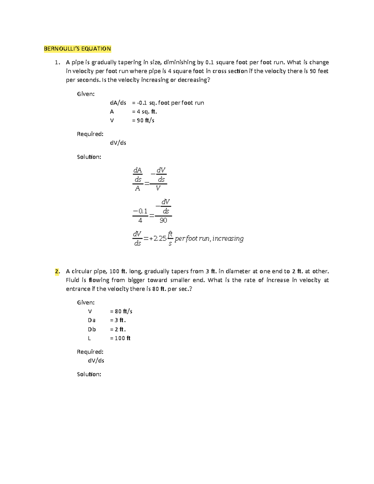 Pdfcoffee - EQUATION 1. A pipe is gradually tapering in size ...