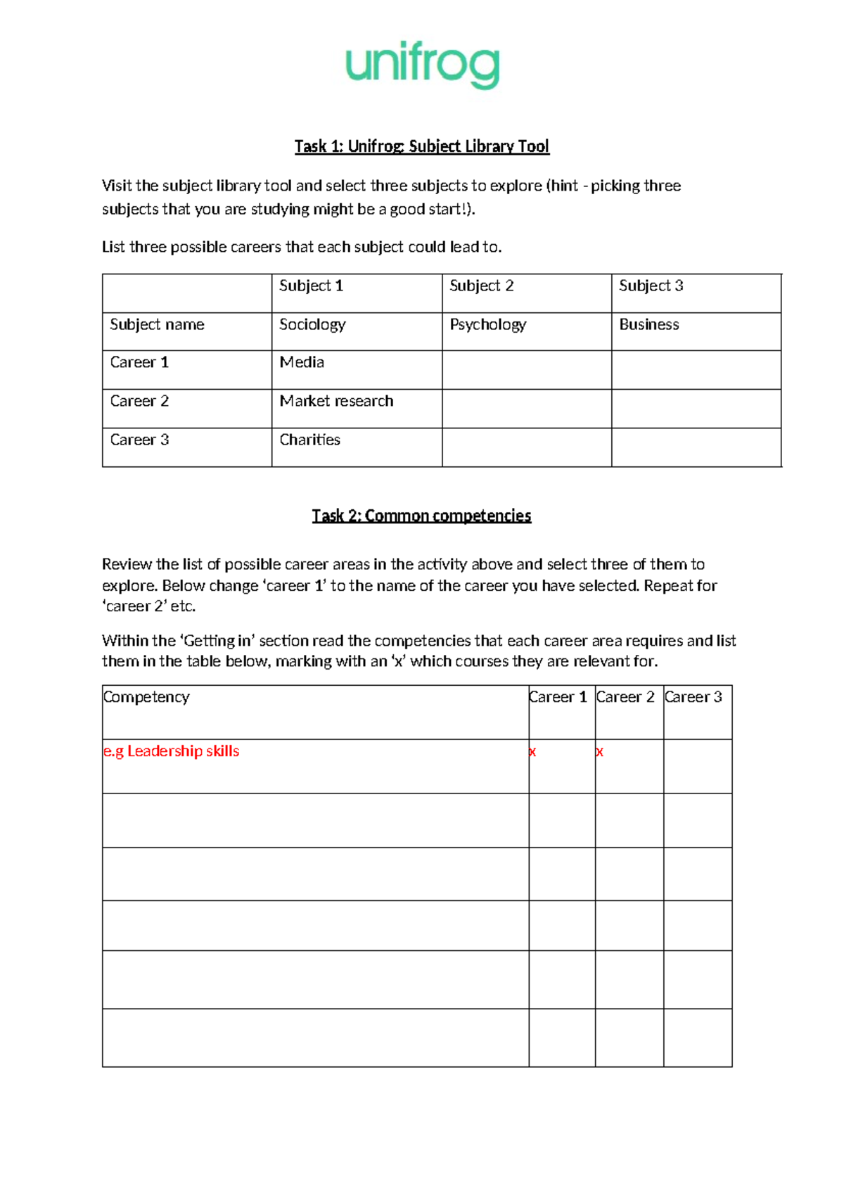 Unifrog Tools Launch Tasks 11th Nov - Task 1: Unifrog: Subject Library ...
