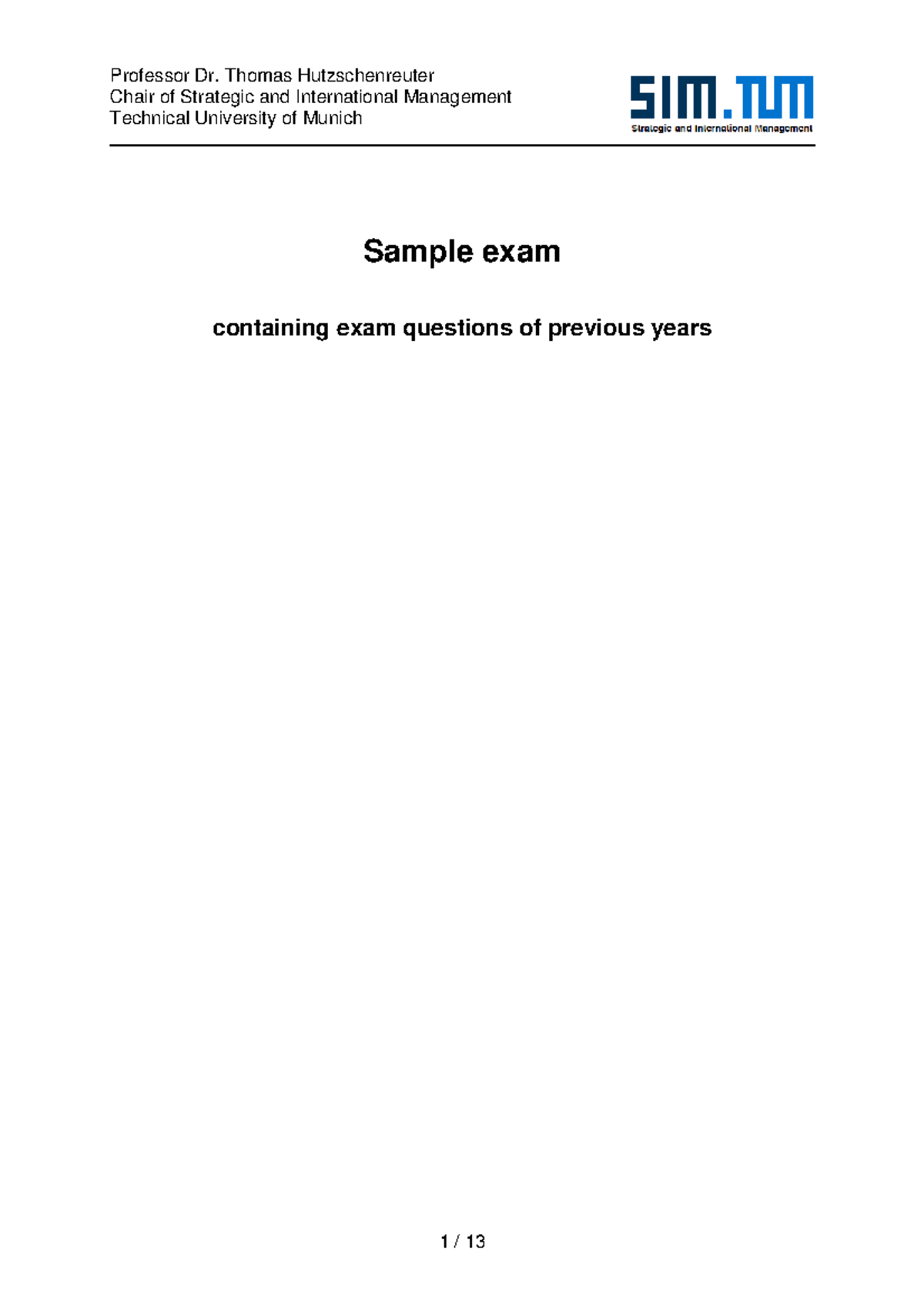 SIM Sample exam - Chair of Strategic and International Management ...