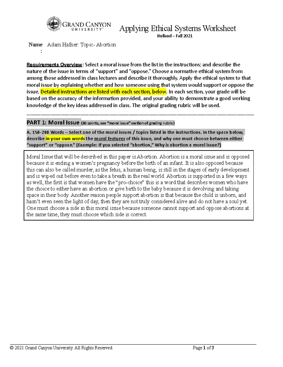 Abortion issues and answers for worksheet - Applying Ethical Systems ...