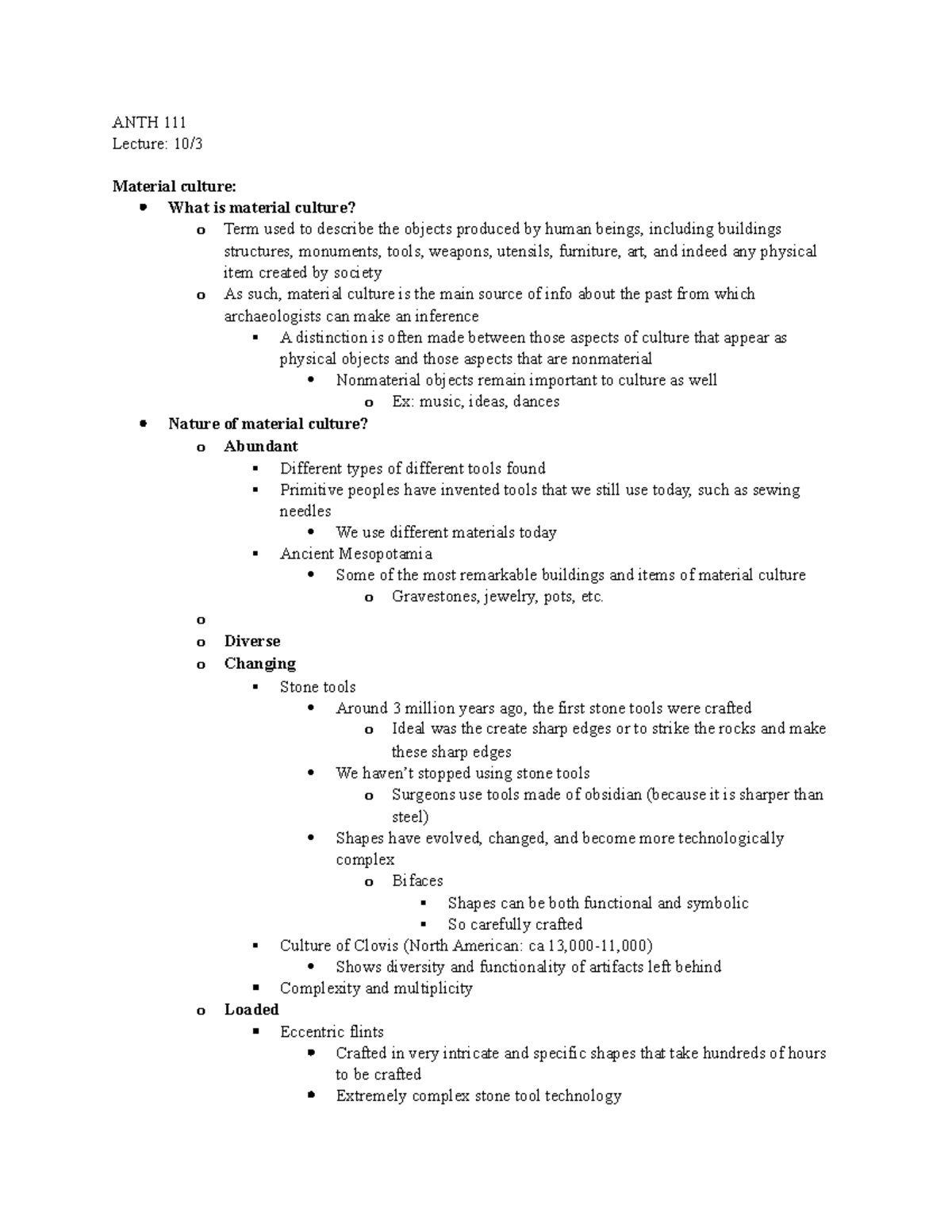 Lecture from October 3rd - ANTH 111 Lecture: 10/3 Material culture ...
